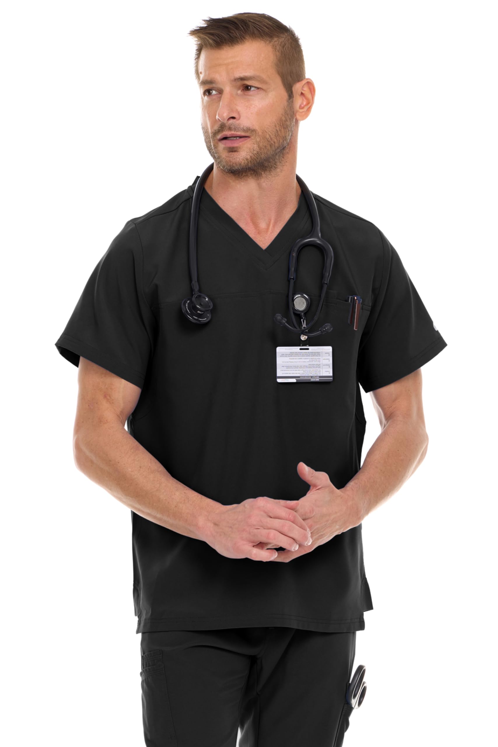 MediChic Men's V-Neck Hi-Low Top with One Chest Pocket and Mesh Gusset, Black, Size Large