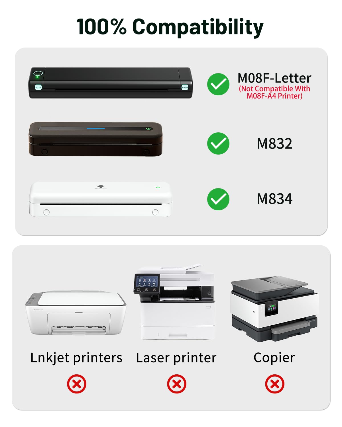 Phomemo US Letter Thermal Paper, Advanced Thermal Printing, Phomemo Thermal Paper for M08F-Letter, Brother PocketJet PJ762/PJ763MFi, HPRT MT800/MT800Q Printer, Size 8.5" x 11", 100 Sheets