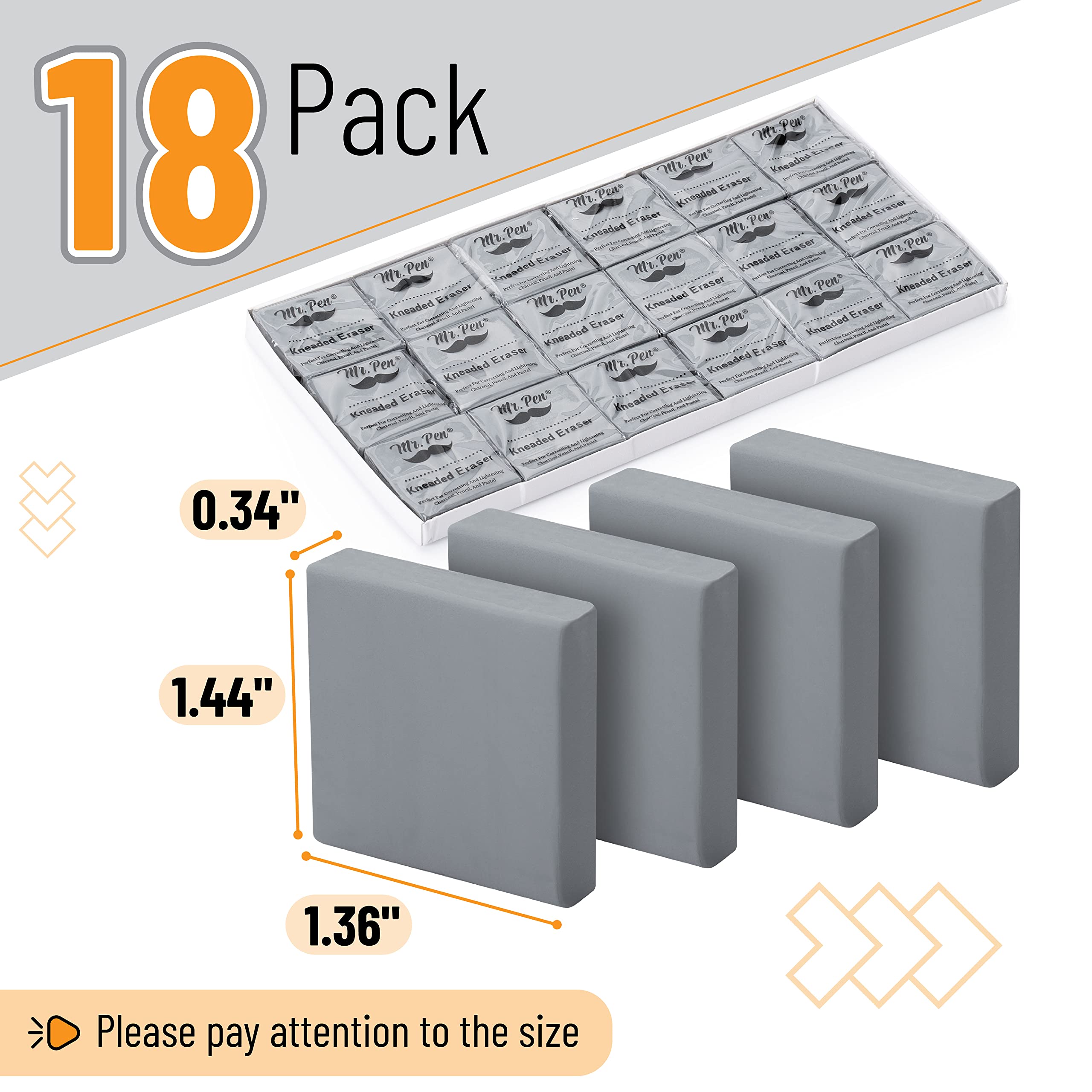 Mr. Pen- Kneaded Eraser, 18 Pack, Gray, Kneaded Erasers for Artists, Gum Eraser, Art Eraser, Kneadable Erasers, Moldable Eraser, Art Erasers for Drawing, Artist Eraser, Drawing Erasers, Art Gum Eraser