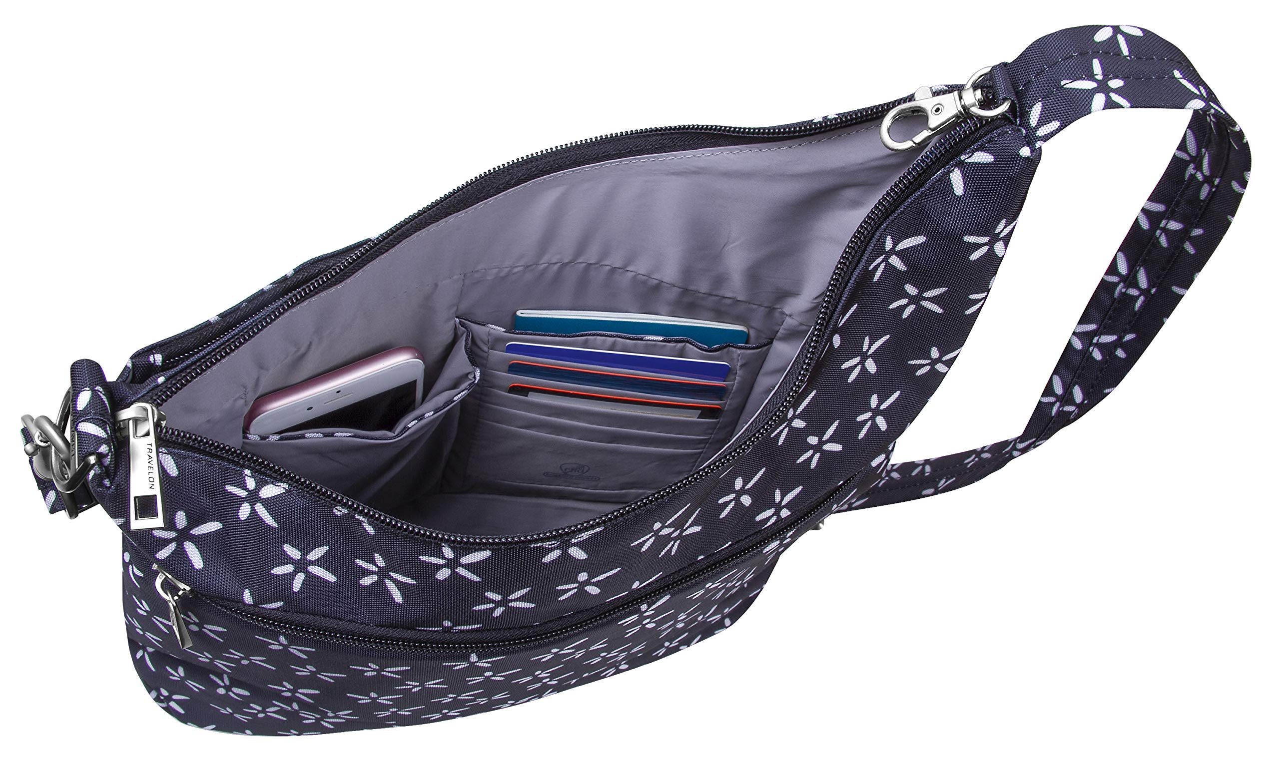 Travelon Anti-Theft Signature 3 Compartment Crossbody, Straight Pocket (A B/W SMALL FLOWER PRINT)