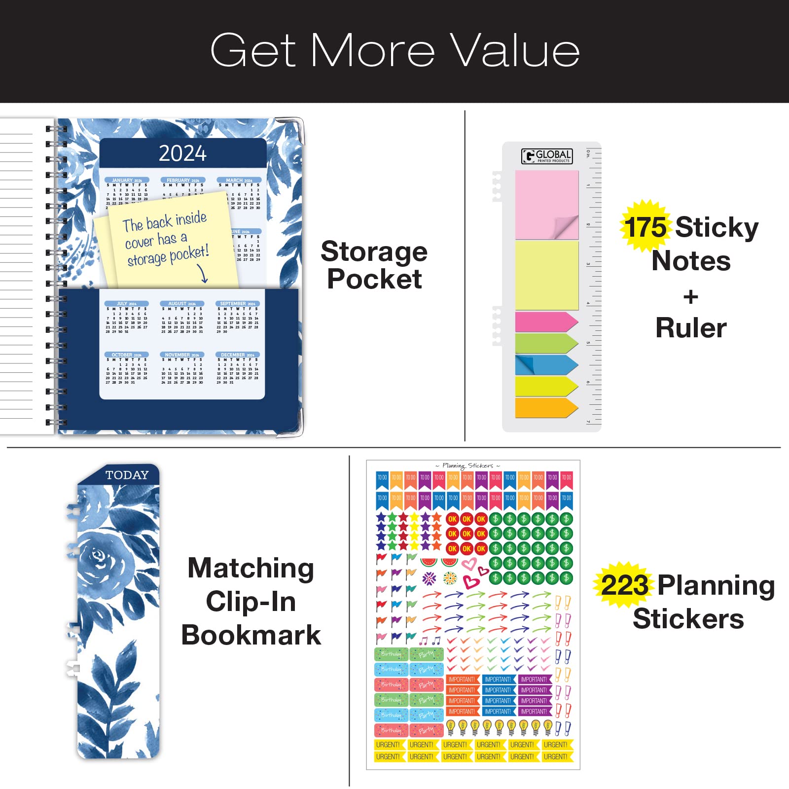 HARDCOVER 2023 Planner: (November 2022 Through December 2023) 8.5"x11" Daily Weekly Monthly Planner Yearly Agenda. Bookmark, Pocket Folder and Sticky Note Set (Blue Bloom)