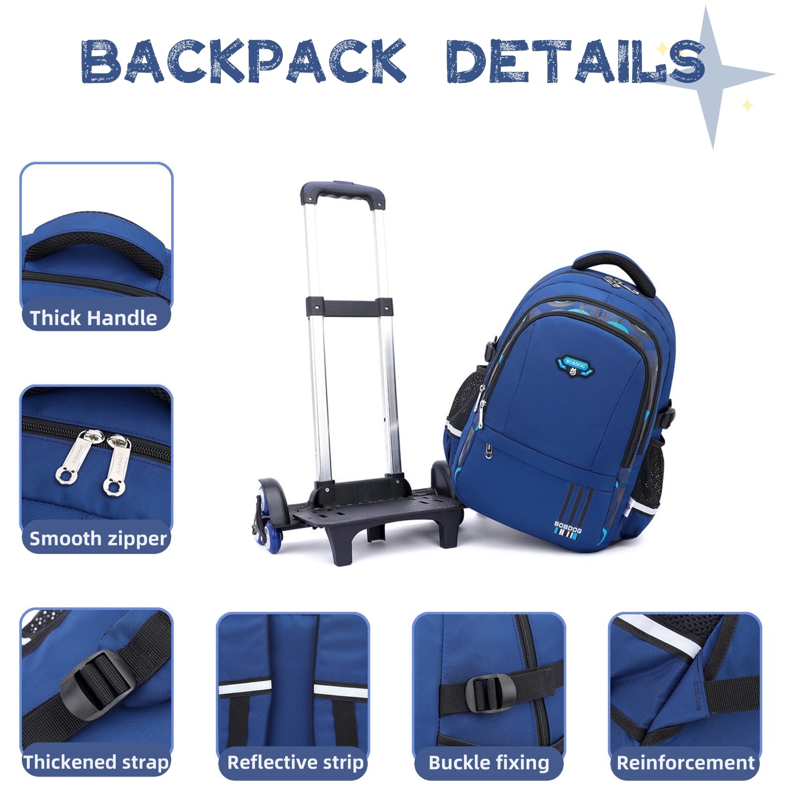 LANSHIYA 3 Pcs Kids Rolling Backpack Blue Geometric with Wheels Trolley School Bag Set for Boys