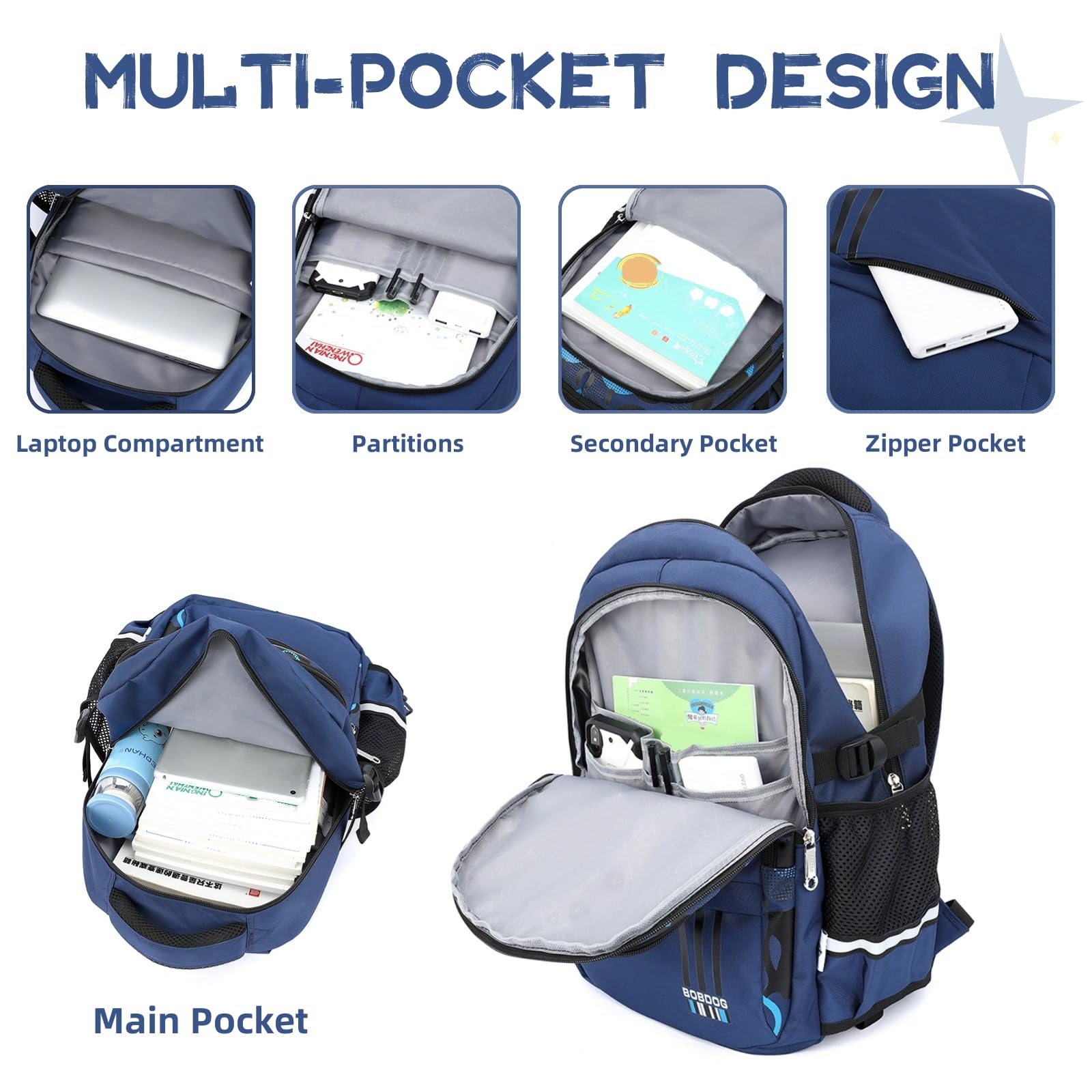 LANSHIYA 3 Pcs Kids Rolling Backpack Blue Geometric with Wheels Trolley School Bag Set for Boys