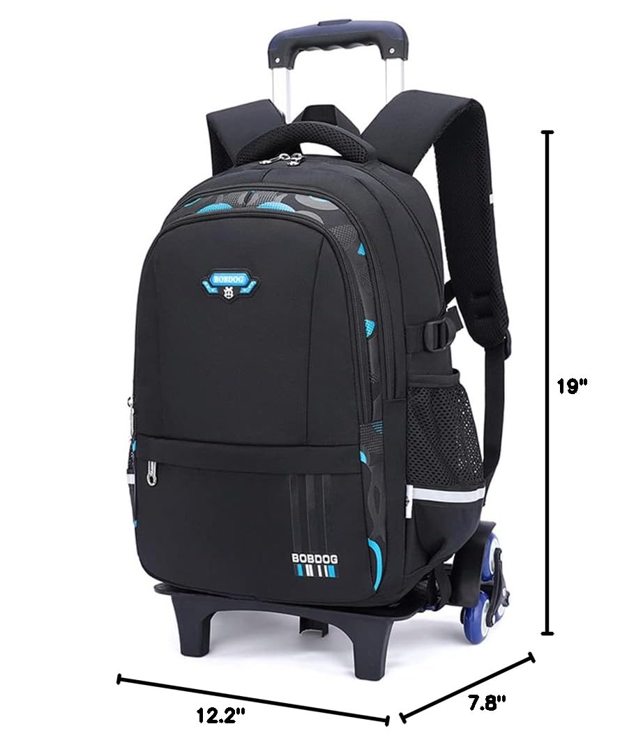 LANSHIYA 3 Pcs Kids Rolling Backpack Blue Geometric with Wheels Trolley School Bag Set for Boys