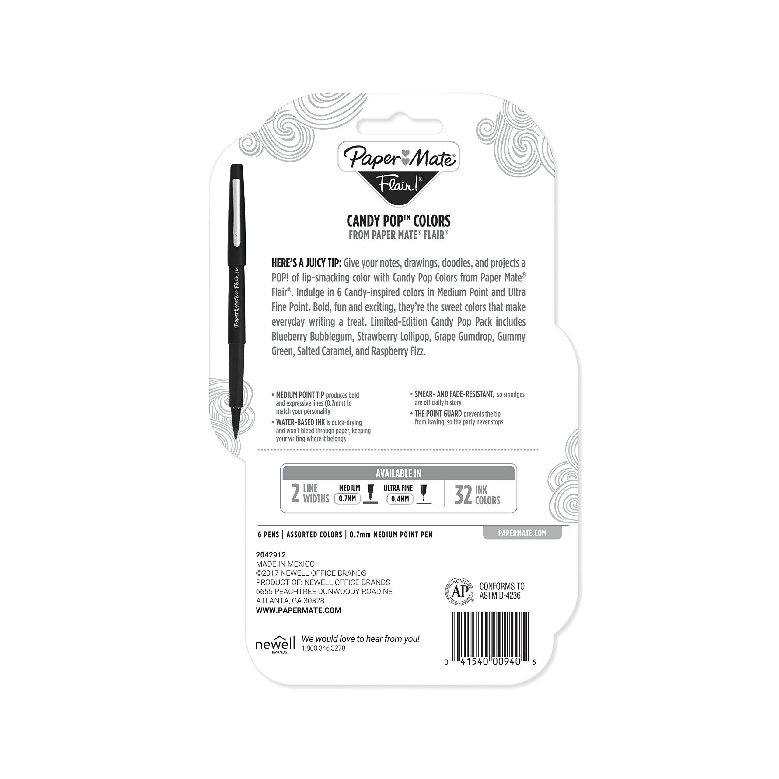 Paper Mate Flair Felt Tip Pens, Medium Point (0.7mm), Limited Edition Candy Pop Pack, 6 Count