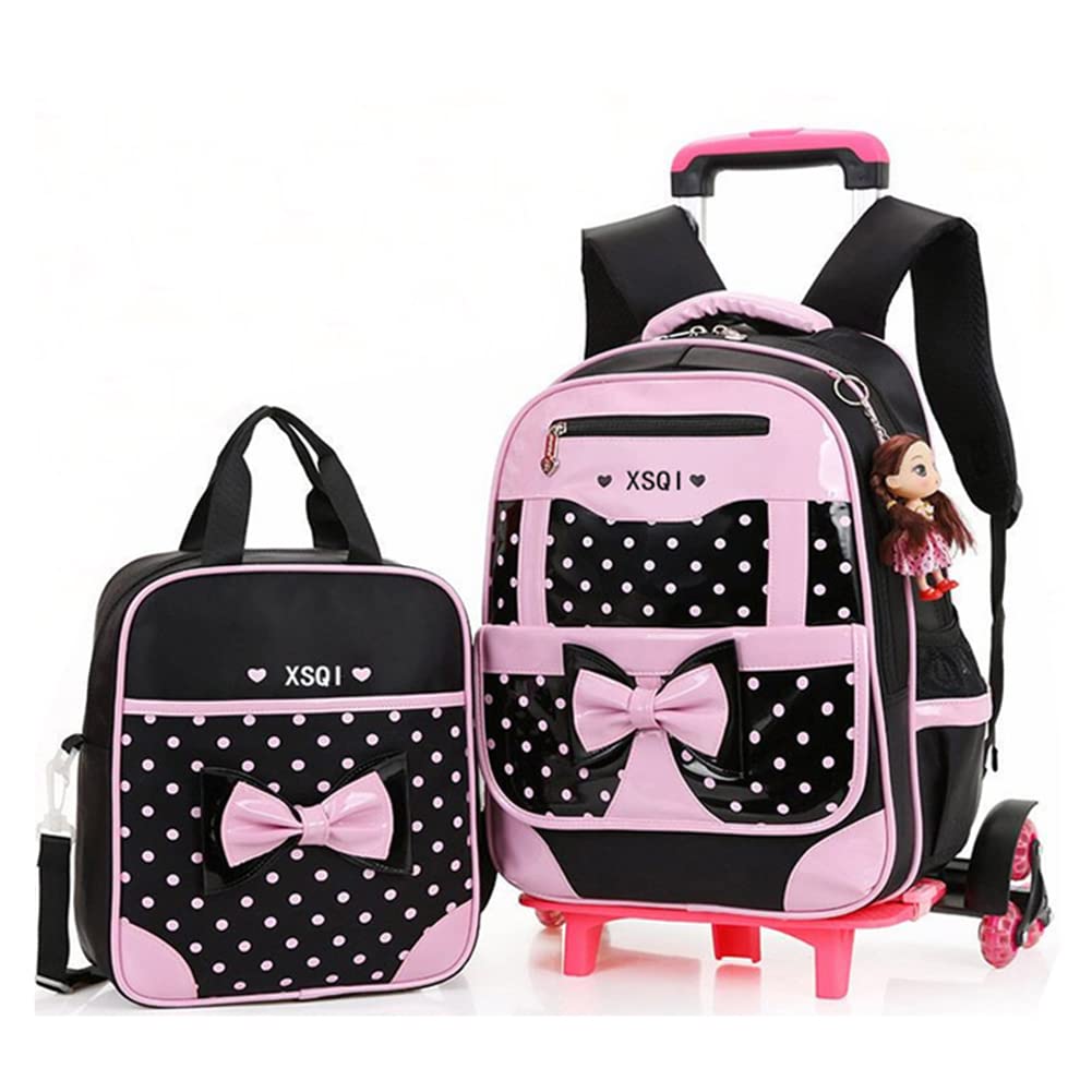 Bowknot Kids Rolling School Backpack 2Pcs Polka Dot Princess Style Trolley Bookbag on Six Wheels