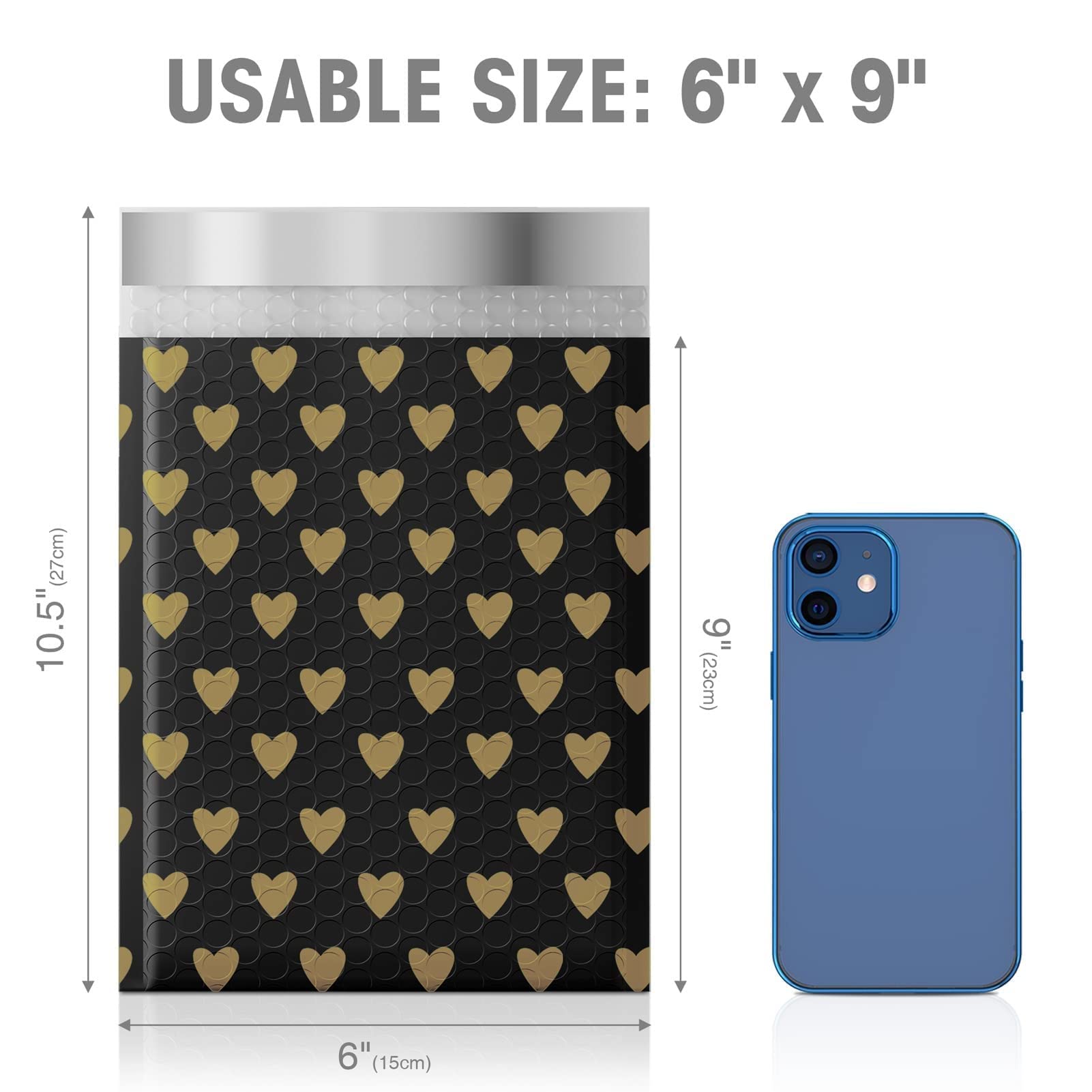 Metronic Bubble Mailers 6x10 Inch 100 Pack , Gold Heart Poly Bubble Mailers,Cute Padded Envelopes Self-Seal, Waterproof, Cushioning for Small Items,Jewelry Makeup Supplies, Shipping,Packaging Bulk#0
