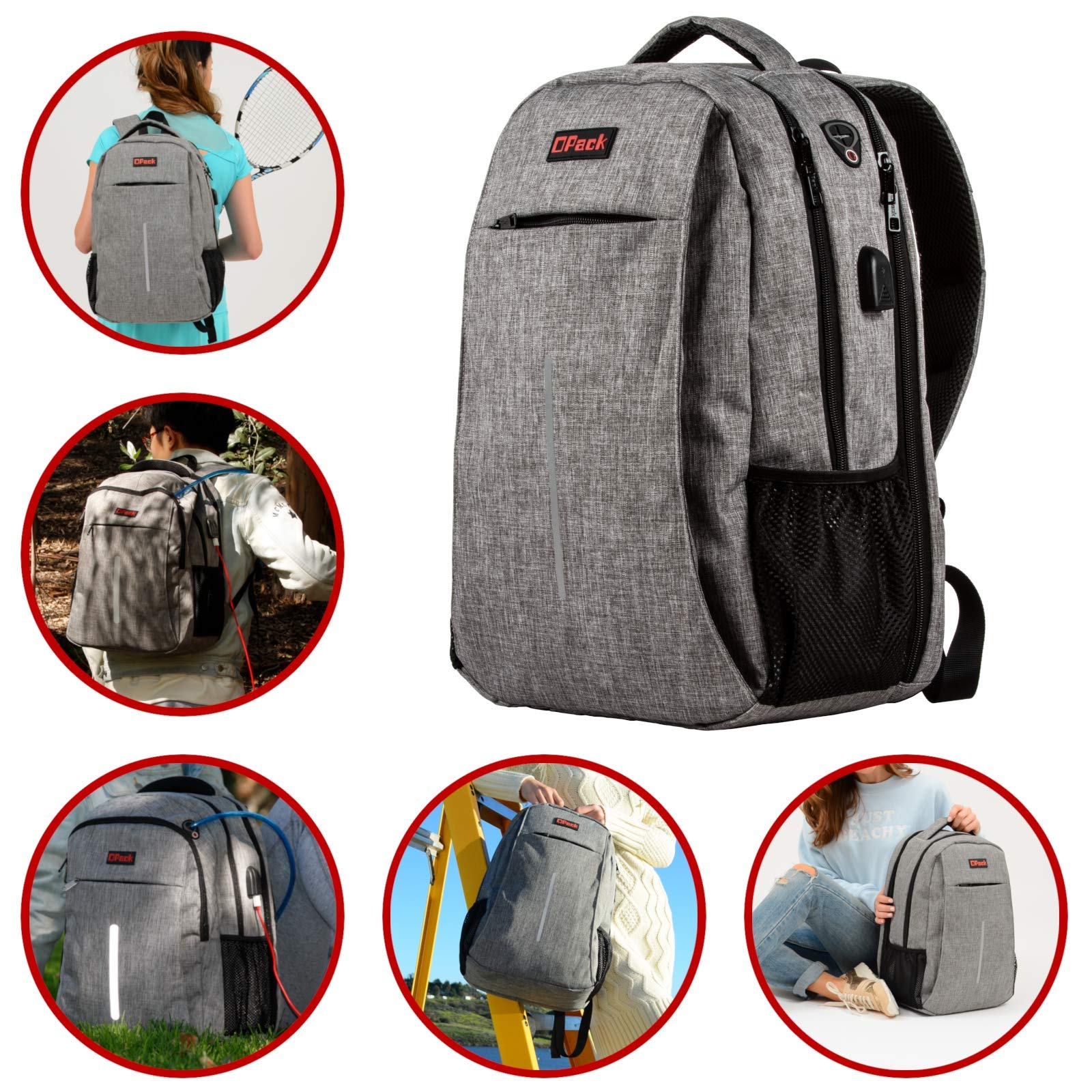 OPACK Travel Laptop Backpack, Business Anti Theft Slim RFID Blocking pocket Durable 15.6 Inch Laptops Backpack, USB Charging Port, Water Resistant College School Computer Bag for Women & Men