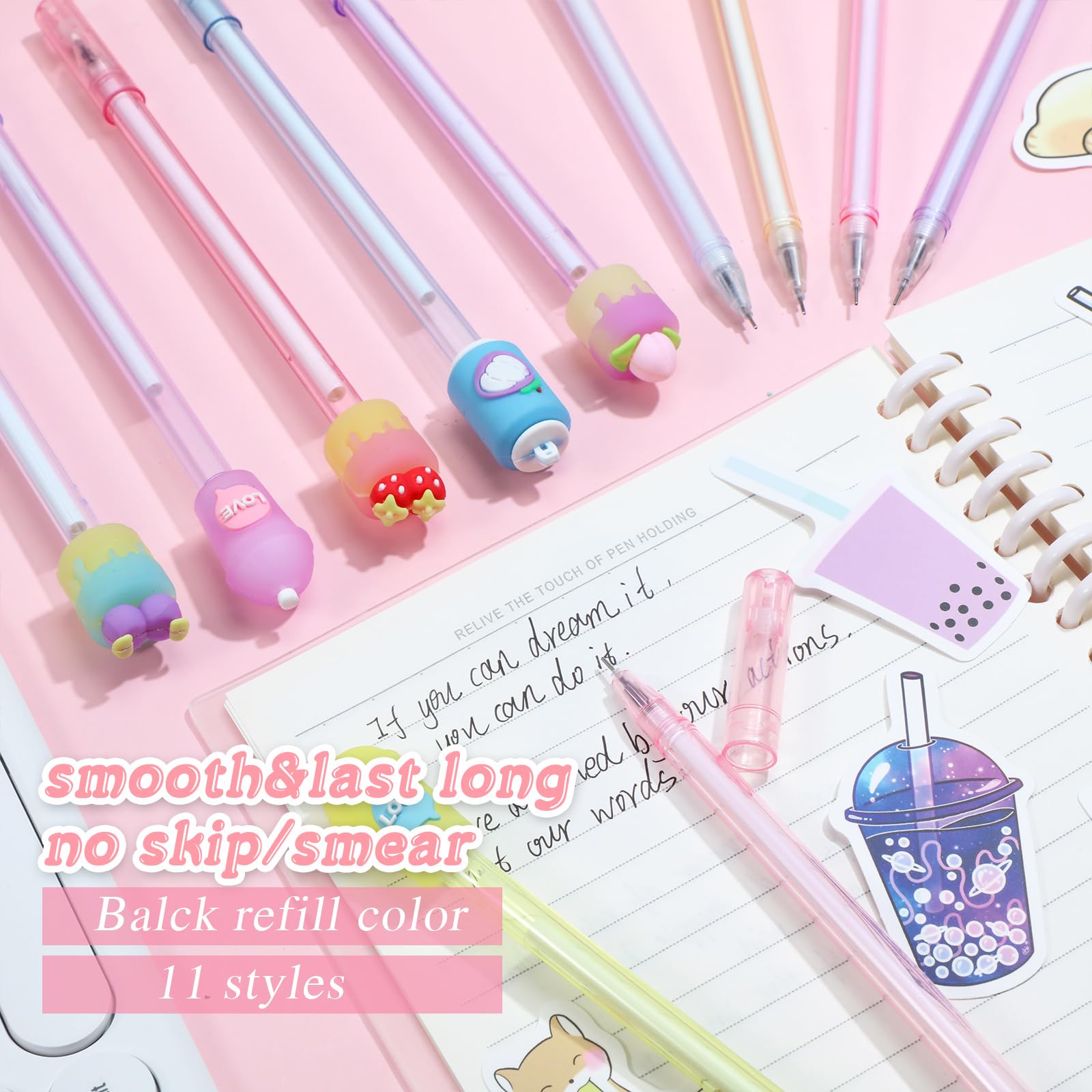 228 Pcs Kawaii Stationary Set Include Telescopic Boba Pencil Pouch Case Bag Gel Ink Pen Sticky Note Bubble Tea Sticker Pill Highlighter Stationary Cute School Supplies for Christmas Gift Kids (Vivid)