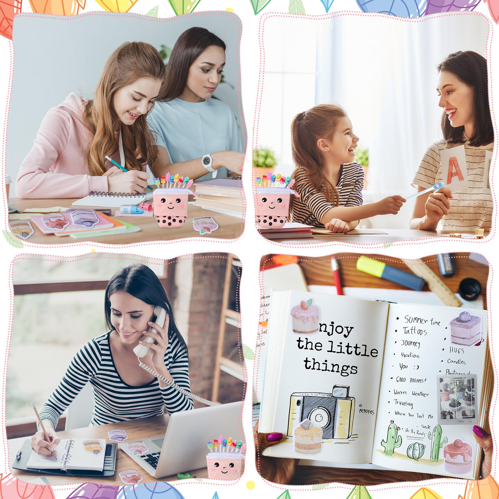 228 Pcs Kawaii Stationary Set Include Telescopic Boba Pencil Pouch Case Bag Gel Ink Pen Sticky Note Bubble Tea Sticker Pill Highlighter Stationary Cute School Supplies for Christmas Gift Kids (Vivid)