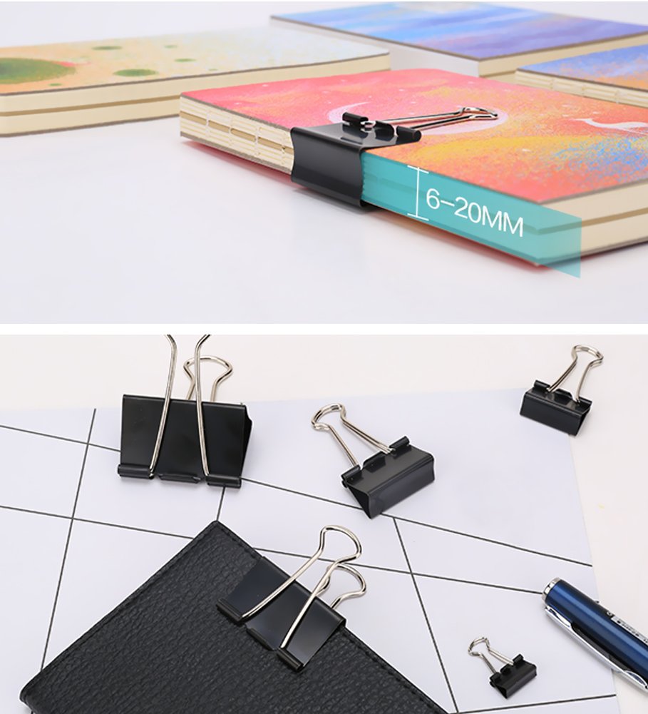 140pcs Binder Paper Clips Assorted Sizes, Binder Paper Clamps Office Supplies Clips for Paperwork, School, Home, Large Medium Small Paperclips Set with Box, Black