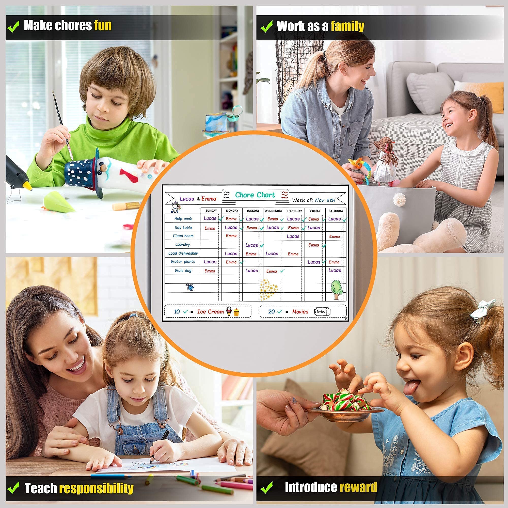 Magnetic Chore Chart for Kids Teens and Adults 12 x 17 Inches - Dry Erase Whiteboard Reward Chart for Multiple Kids with 5 Markers and Eraser - Daily Responsibility Planner Schedule Board for Kids