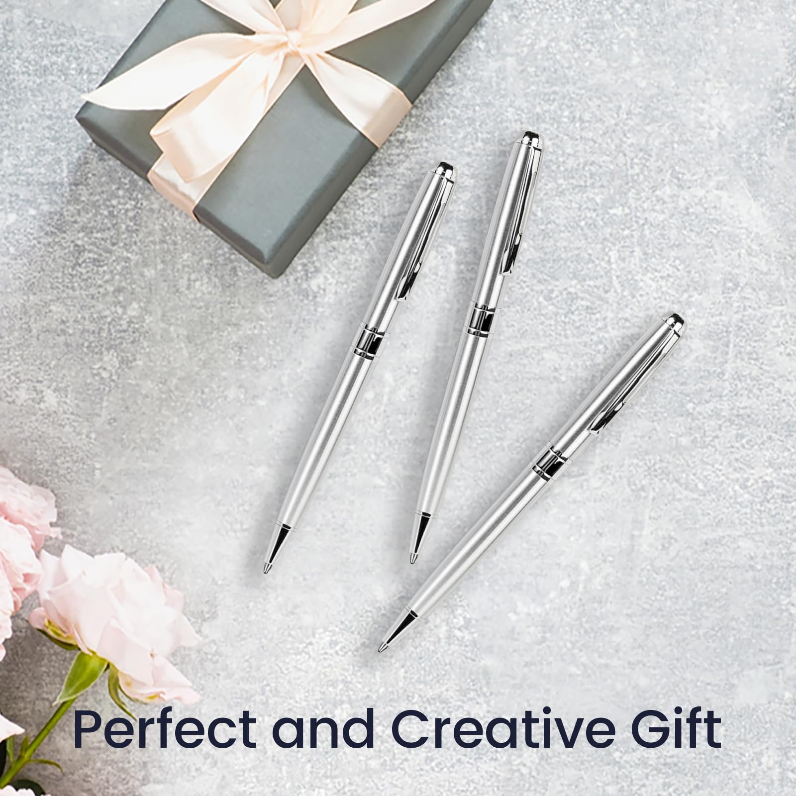 Cambond Silver Ballpoint Pens Black Ink, Stainless Steel Uniform Pens for Gift Business Men Police Flight Attendant, 1.0 mm Medium Point Nice Pens, 3 Pens with 3 Refills, Silver - CP0201