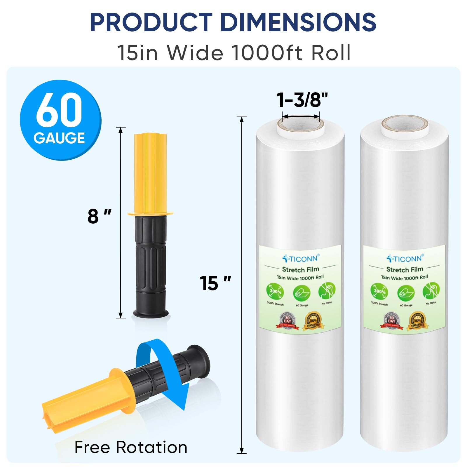 TICONN 2PK Stretch Wrap Stretch Film Roll, 1000ft 60 Gauge Industrial Strength 15 inch Wide Clear Plastic Wrap with Handles for Pallet Wrapping Shipping and Surface Protection (1000ft, 2pk)