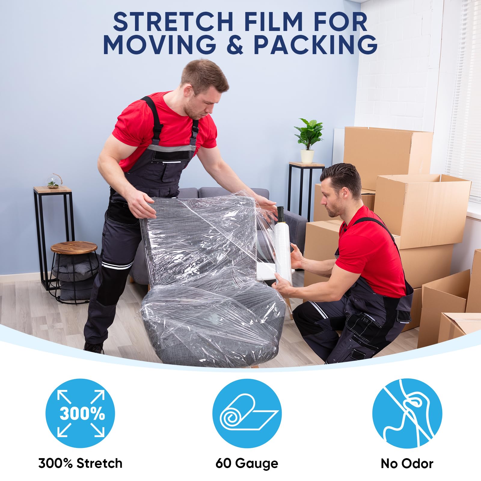 TICONN 2PK Stretch Wrap Stretch Film Roll, 1000ft 60 Gauge Industrial Strength 15 inch Wide Clear Plastic Wrap with Handles for Pallet Wrapping Shipping and Surface Protection (1000ft, 2pk)