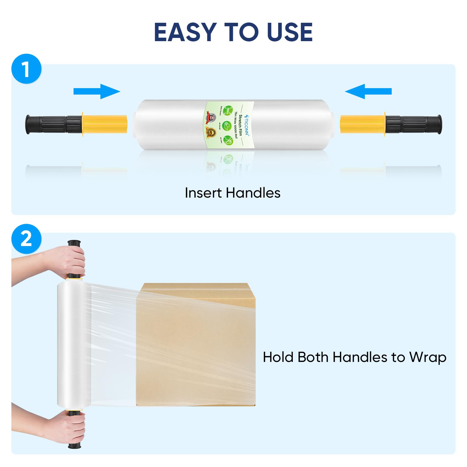 TICONN 2PK Stretch Wrap Stretch Film Roll, 1000ft 60 Gauge Industrial Strength 15 inch Wide Clear Plastic Wrap with Handles for Pallet Wrapping Shipping and Surface Protection (1000ft, 2pk)