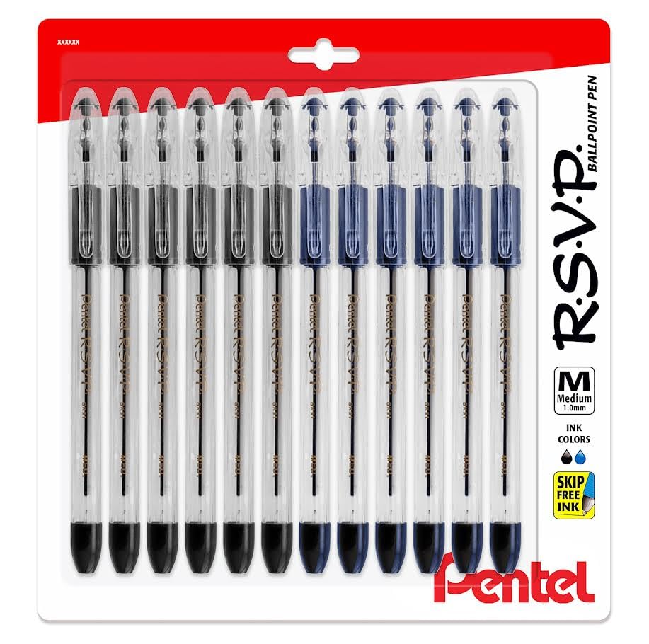Pentel RSVP medium point pens - ballpoint - 1.0mm - 12 Pack Of 6 Blue And 6 Black Ink Pens