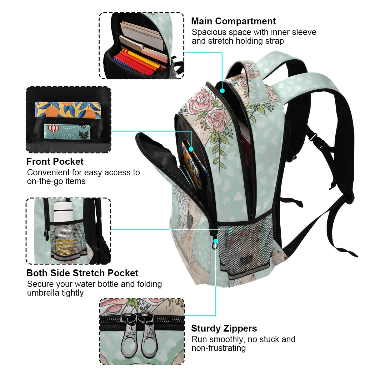 Horse Flowers Backpack for Boys Girls, Teal Fairytale Pony Bookbag Elementary Schoolbag Travel Bag Casual Daypack Rucksack for Students