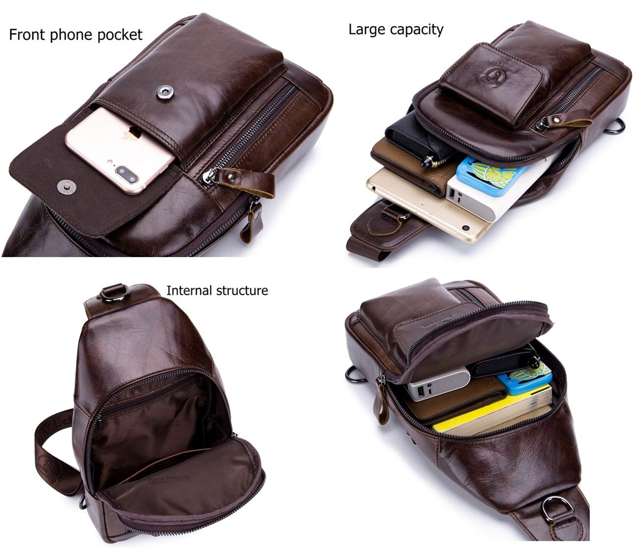 BULLCAPTAIN Genuine Leather Men Sling Bag Travel Crossbody Chest Bag Large Capacity Casual Hiking Daypack (Brown)