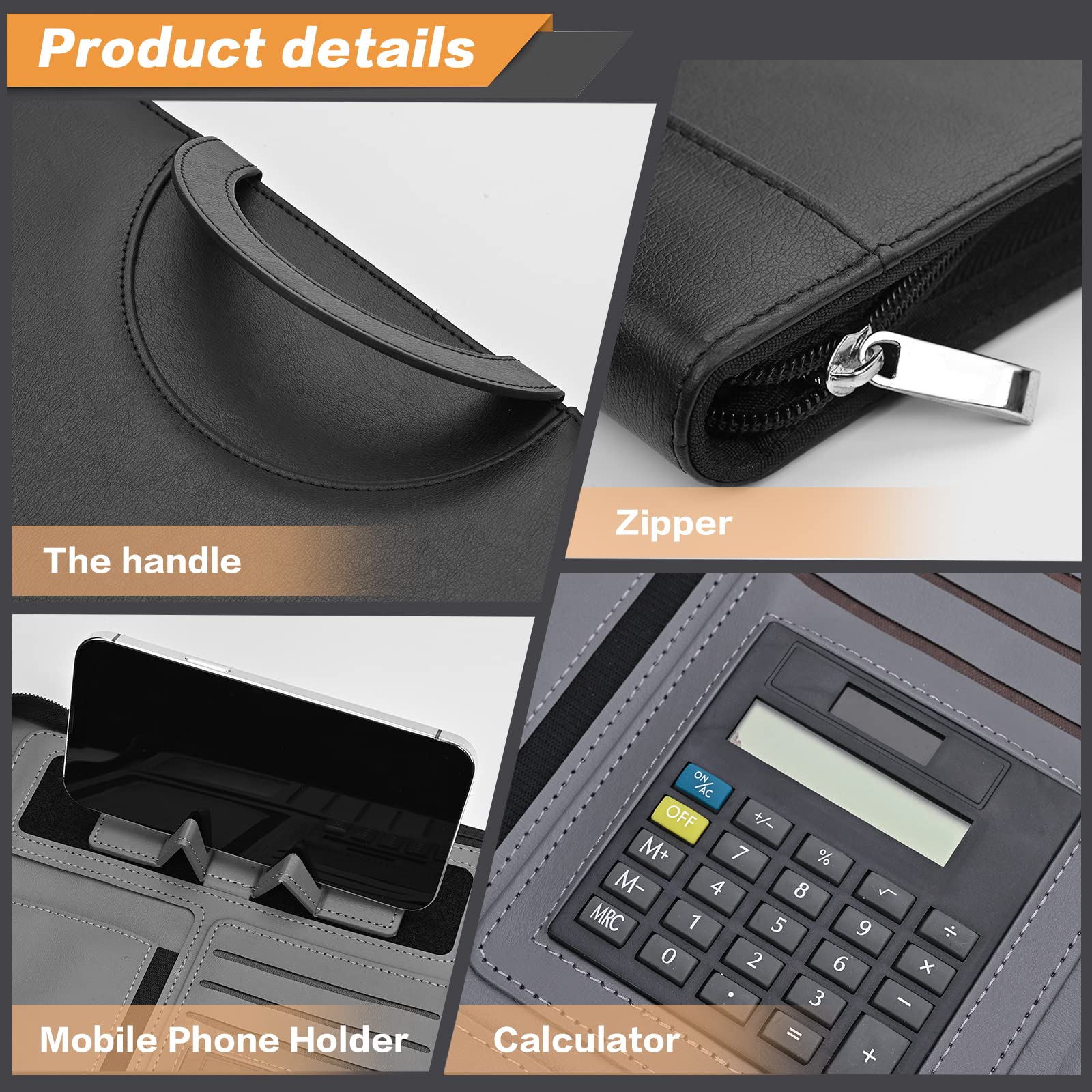 UBAFNOM Padfolio Portfolio Binder β Vegan Leather Business Portfolio Organizer with Calculator β Zippered Portfolio Padfolio for Women & Men