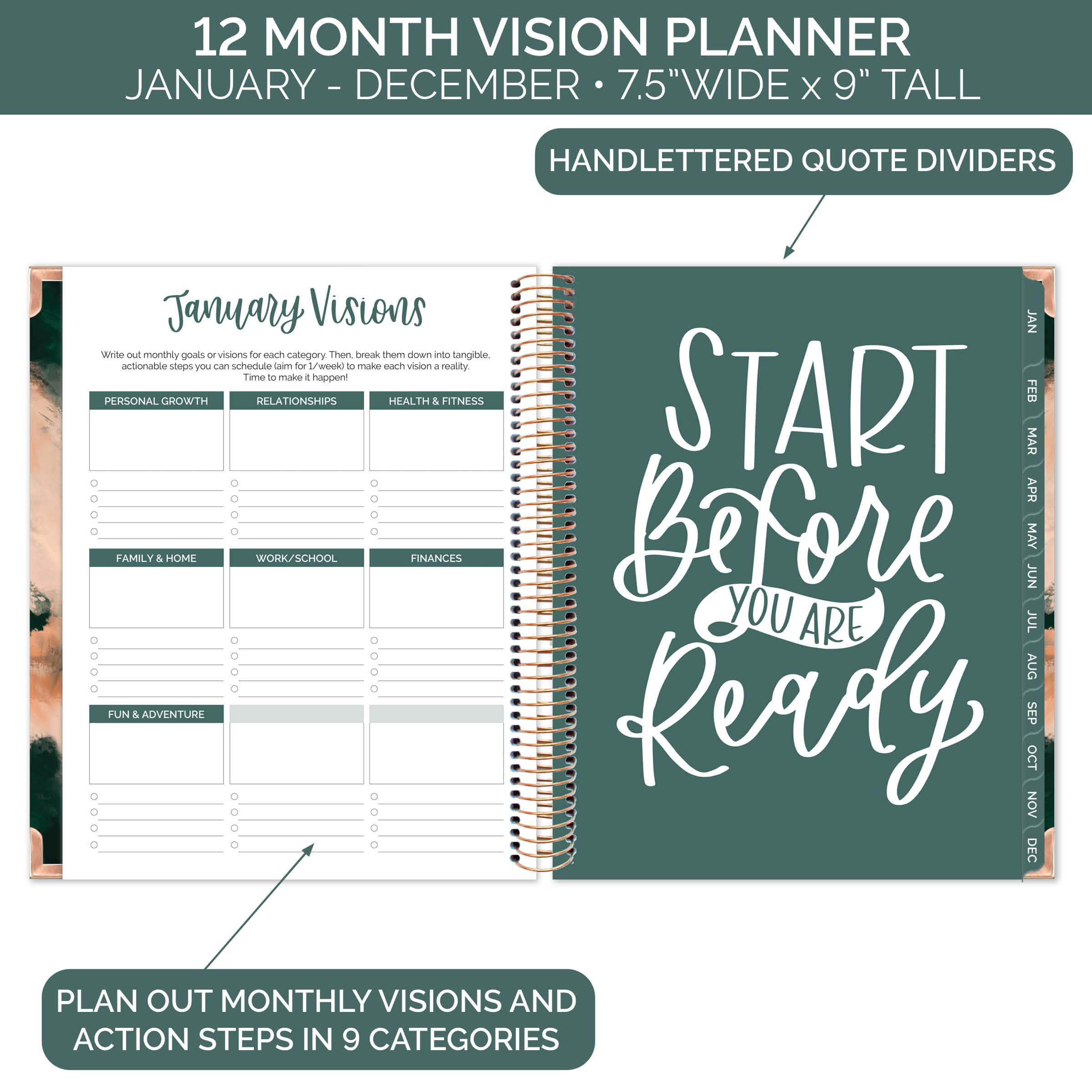 bloom daily planners 2023 Hardcover Calendar Year Goal & Vision Planner (January 2023 - December 2023) - Monthly/Weekly Column View Agenda Organizer - 7.5" x 9" - Wanderlust