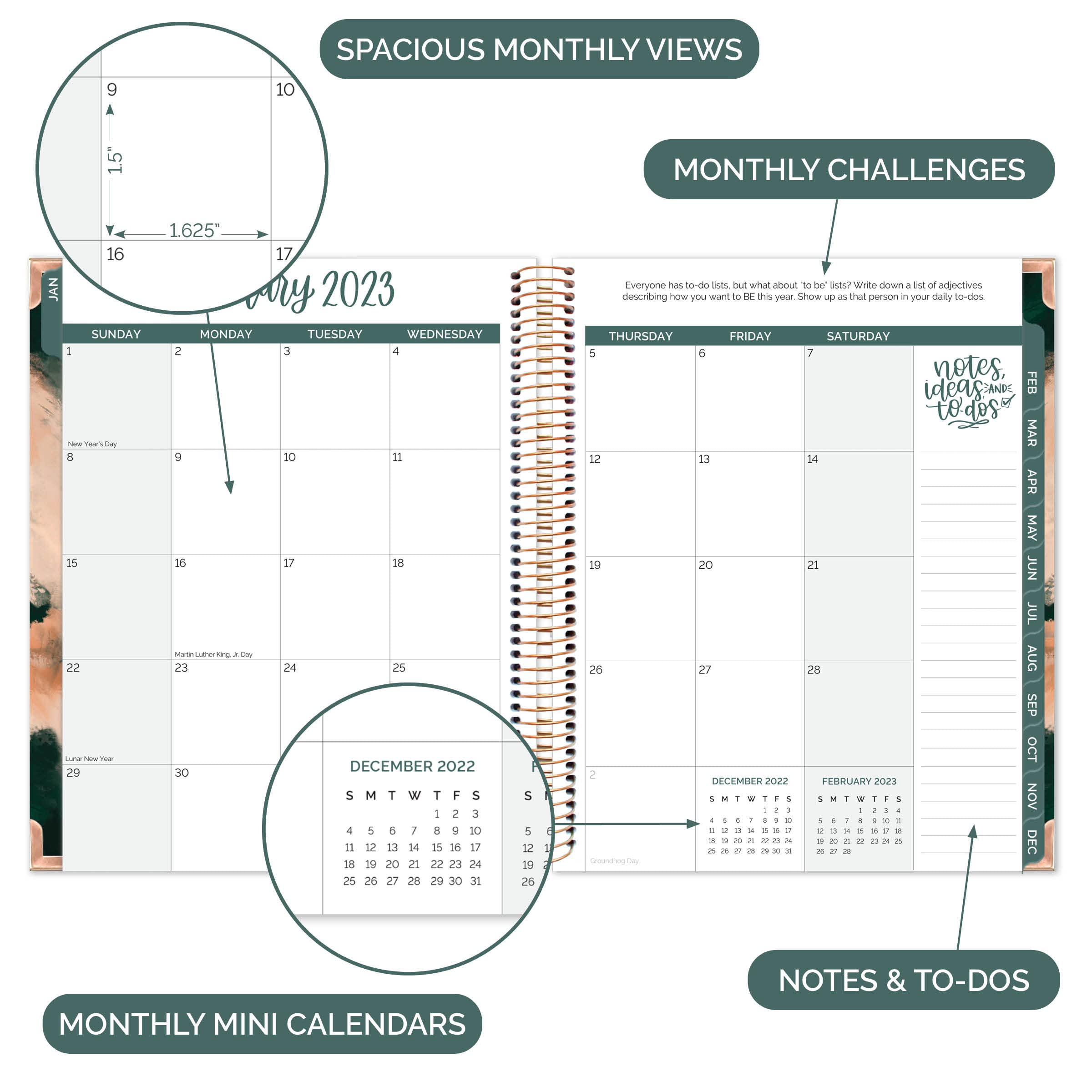 bloom daily planners 2023 Hardcover Calendar Year Goal & Vision Planner (January 2023 - December 2023) - Monthly/Weekly Column View Agenda Organizer - 7.5" x 9" - Wanderlust
