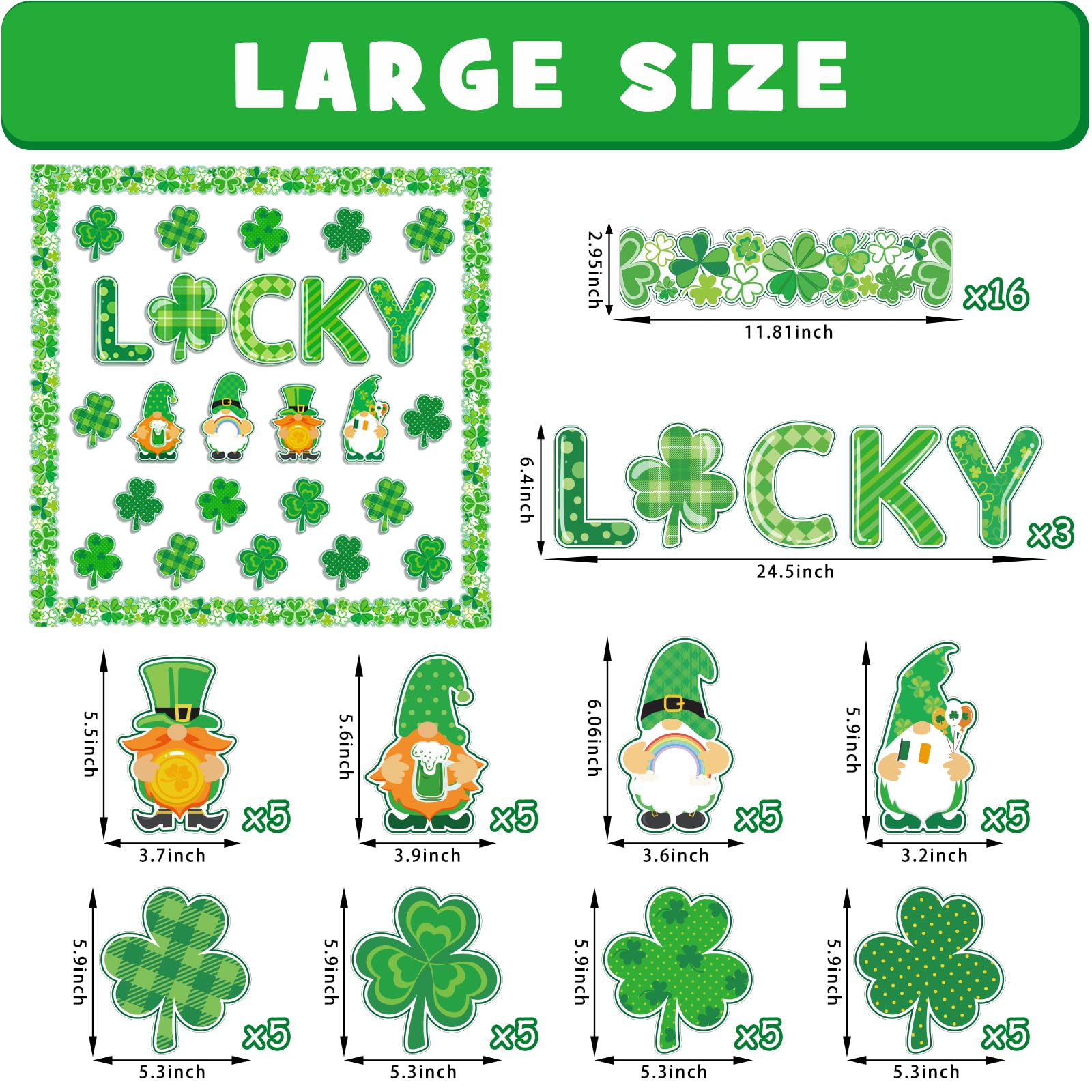 Kepeel 95 Pieces St. Patrick's Day Shamrocks Cutouts Bulletin Board Decorations, St. Patrick’s Lucky Gnome Paper Cutouts Bulletin Trim Board Border Stickers for Holiday Classroom School Supplies