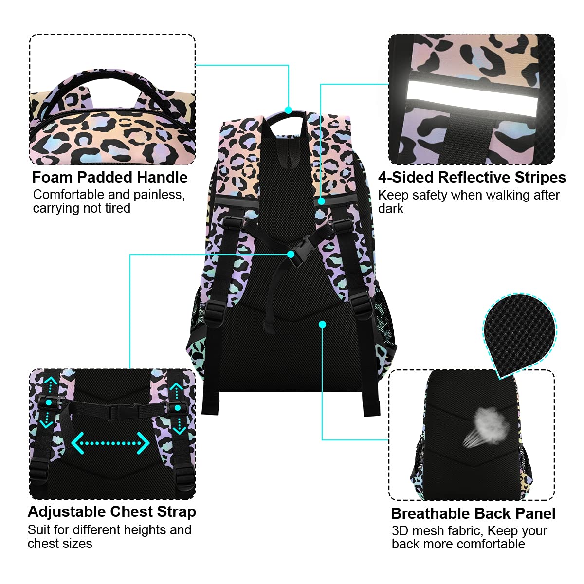 MNSRUU School Backpack with Chest Strap, Leopard Print Laptop Backpack, Travel Hiking Backpack for Boys Girls, Rucksack, Knapsack