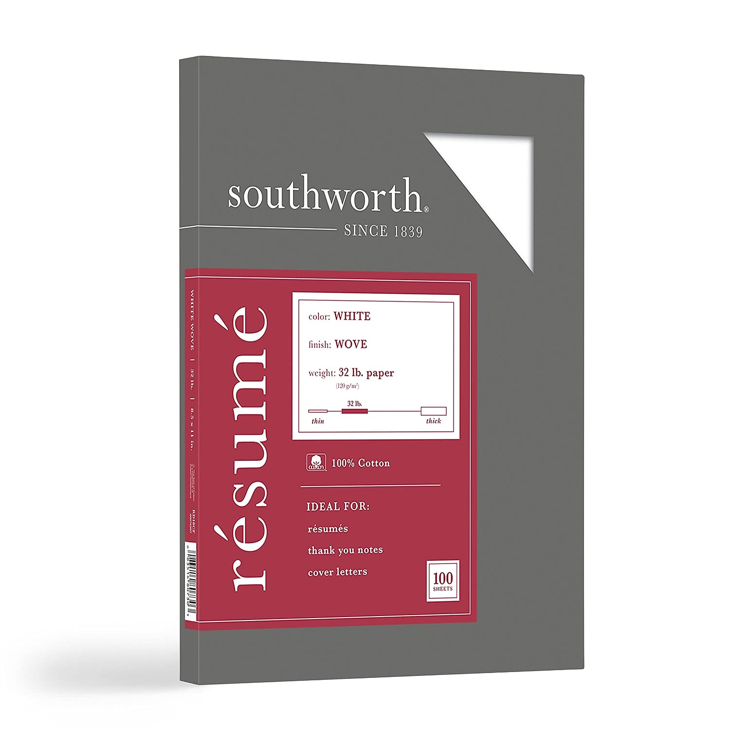 Southworthยฎ 100% Cotton Rรฉsumรฉ Paper, 8 1/2" x 11", 32 Lb, 100% Recycled, White, Pack Of 100