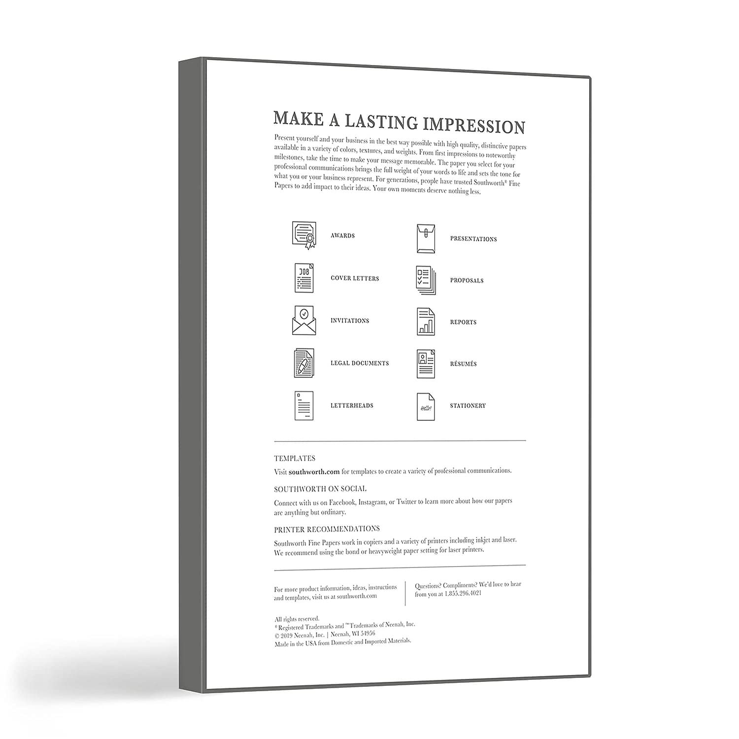 Southworth® 100% Cotton Résumé Paper, 8 1/2" x 11", 32 Lb, 100% Recycled, White, Pack Of 100