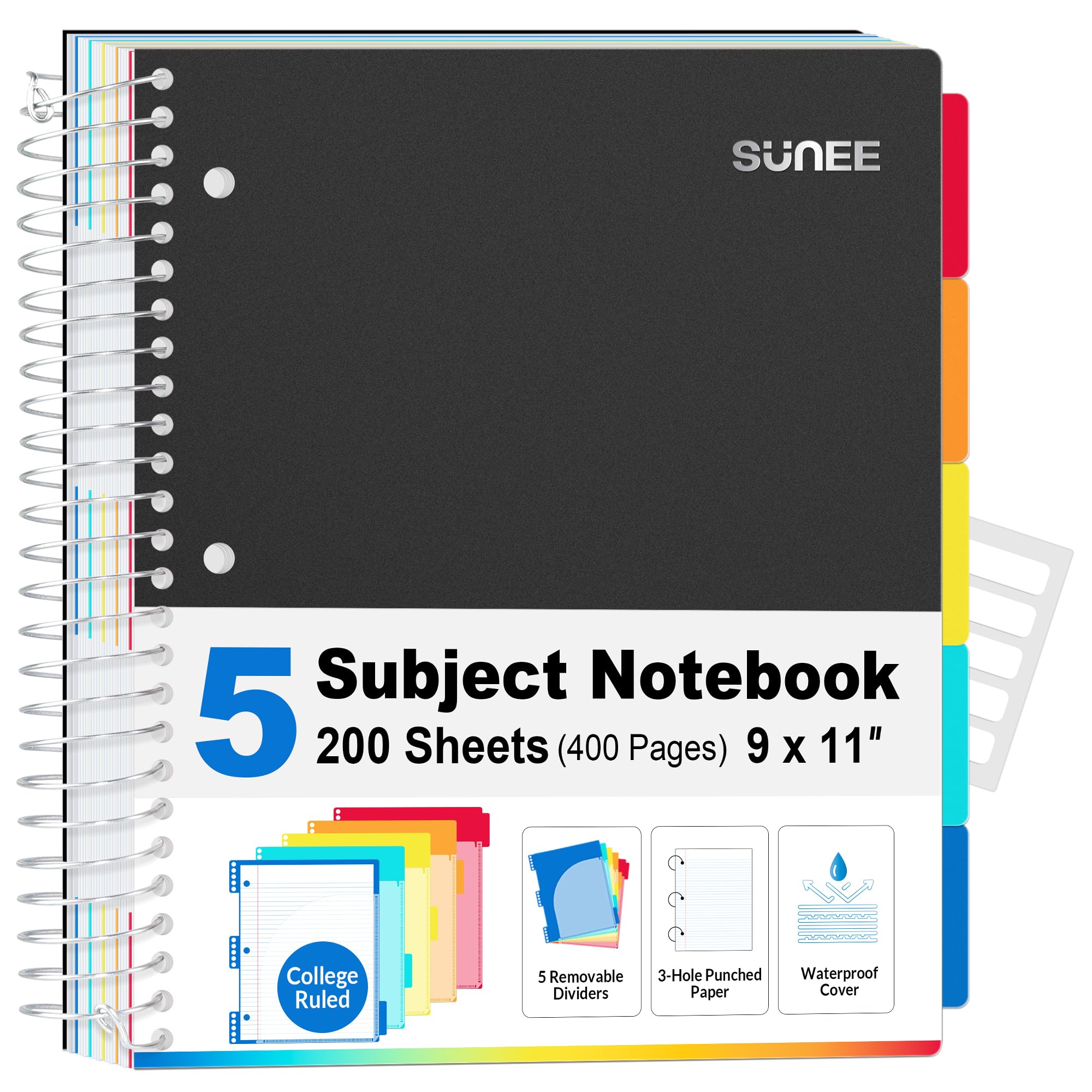 SUNEE 5 Subject Notebook College Ruled - 300 Pages, 8.2"x10.8", Spiral Lined Notebook with 5 Pocket Colored Dividers, 3-Hole Punched Paper, Black Notebooks for School Supplies, Home & Office, Writing Journal