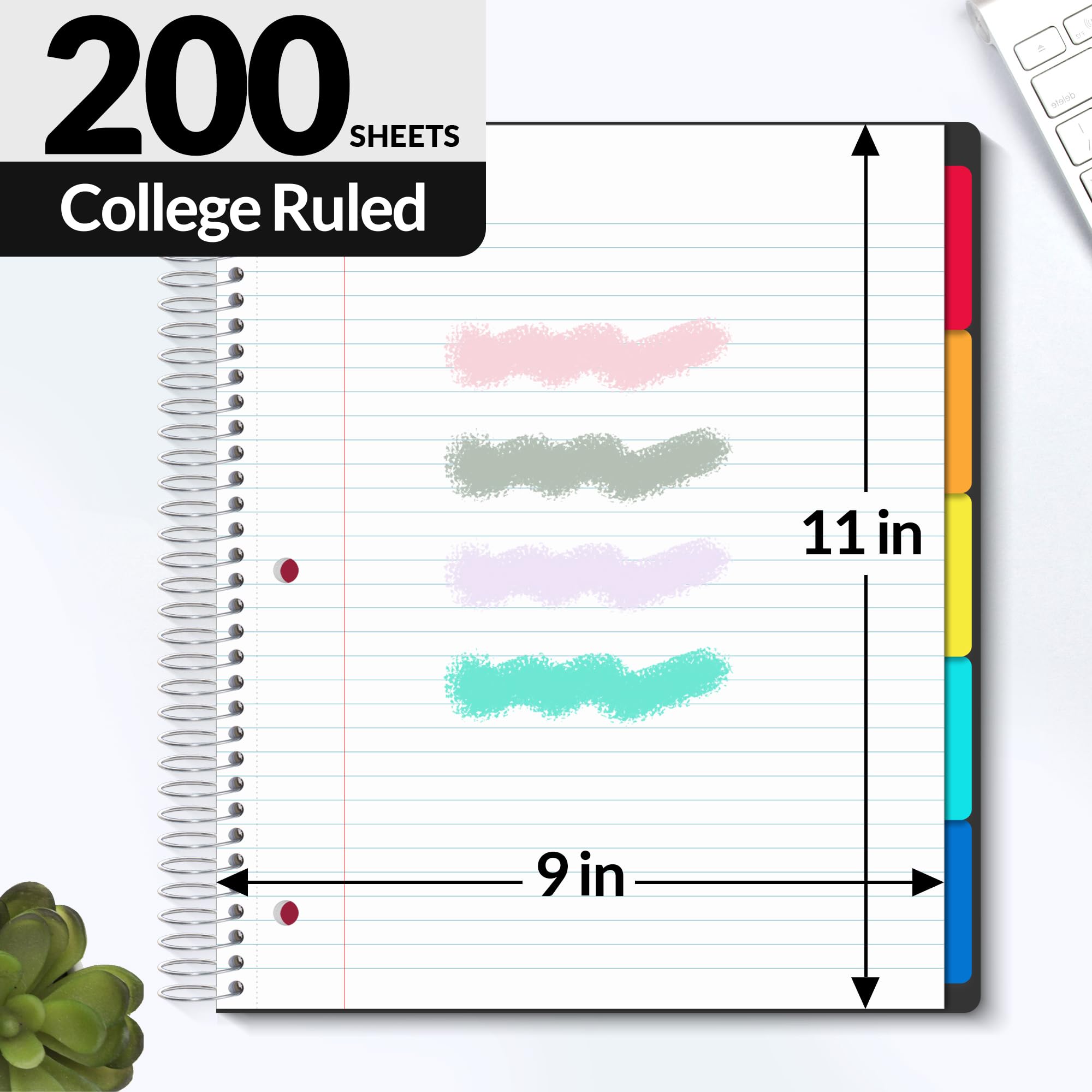 SUNEE 5 Subject Notebook College Ruled - 300 Pages, 8.2"x10.8", Spiral Lined Notebook with 5 Pocket Colored Dividers, 3-Hole Punched Paper, Black Notebooks for School Supplies, Home & Office, Writing Journal