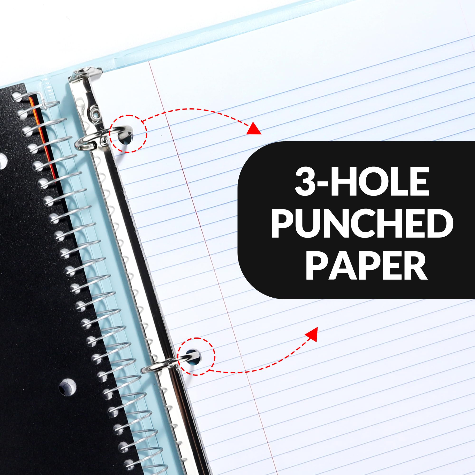 SUNEE 5 Subject Notebook College Ruled - 300 Pages, 8.2"x10.8", Spiral Lined Notebook with 5 Pocket Colored Dividers, 3-Hole Punched Paper, Black Notebooks for School Supplies, Home & Office, Writing Journal