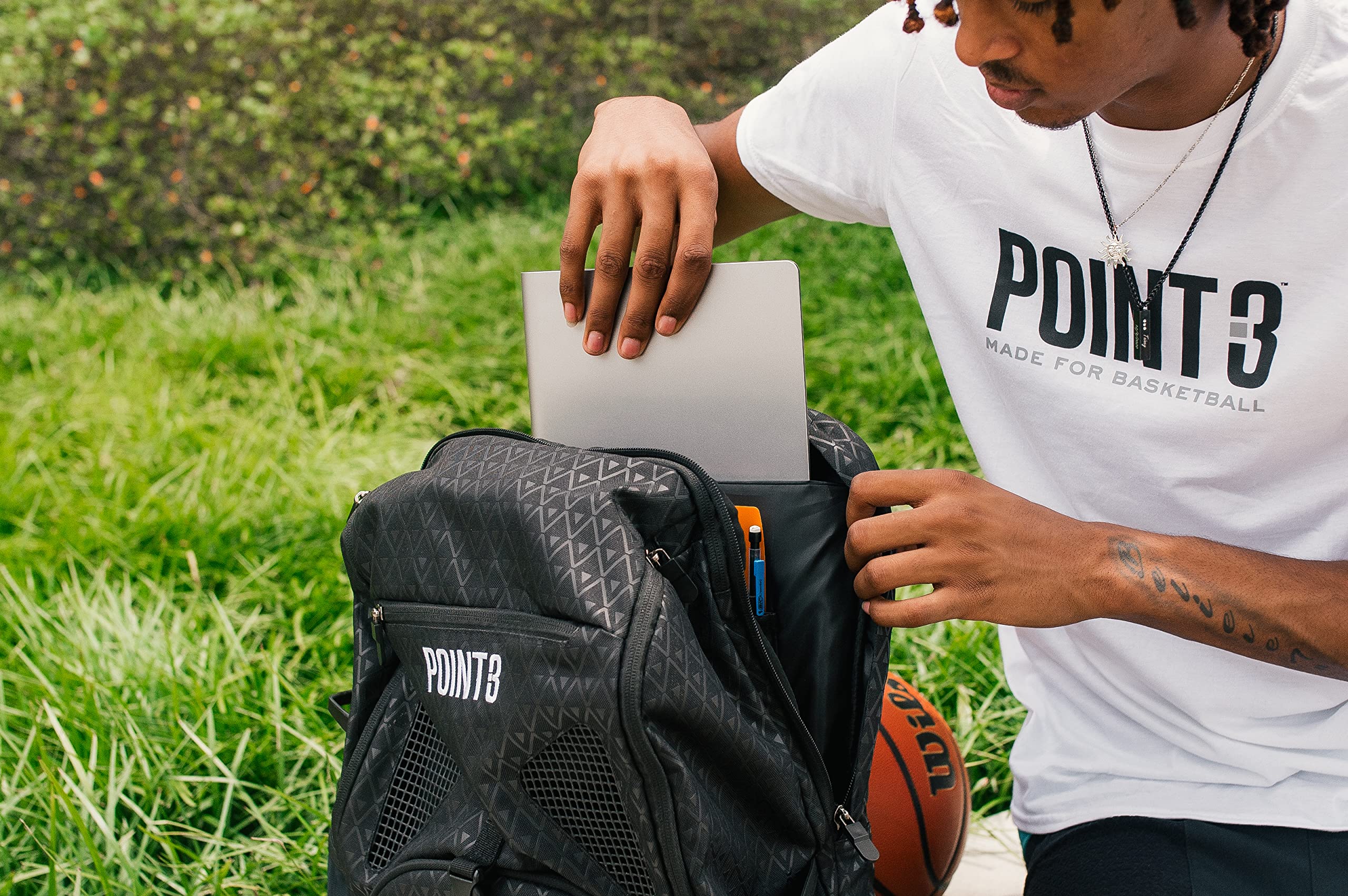POINT3 New Road Trip Tech Backpack - Basketball Backpack with Waterproof Laptop Sleeve - Every Compartment You Need for Ball, Gear, Shoes, Books & Laptops (Black)