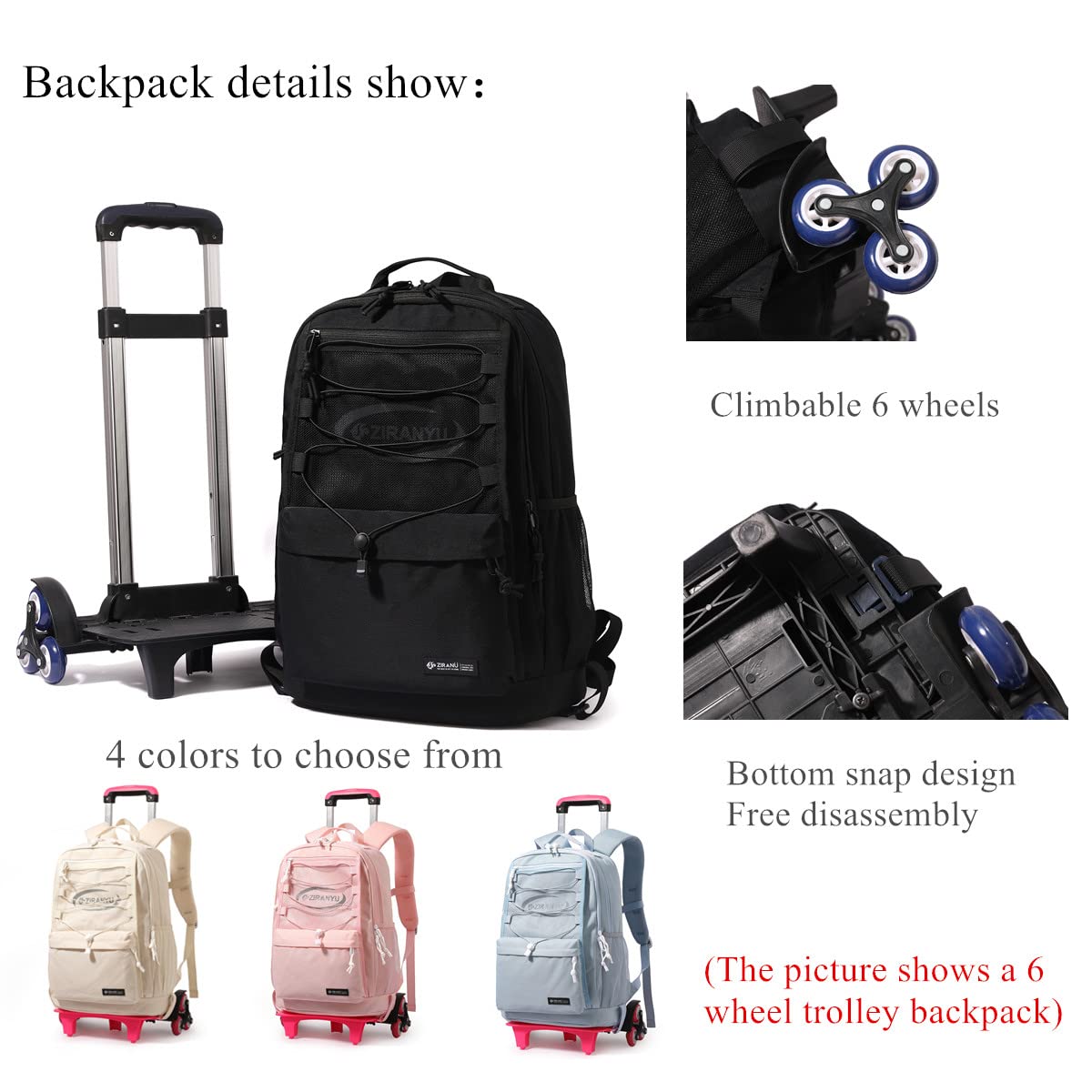 Solid Color Simple Rolling Backpack for Teen Girls, Middle School Trolley Bags, Travel Daypack with Wheels