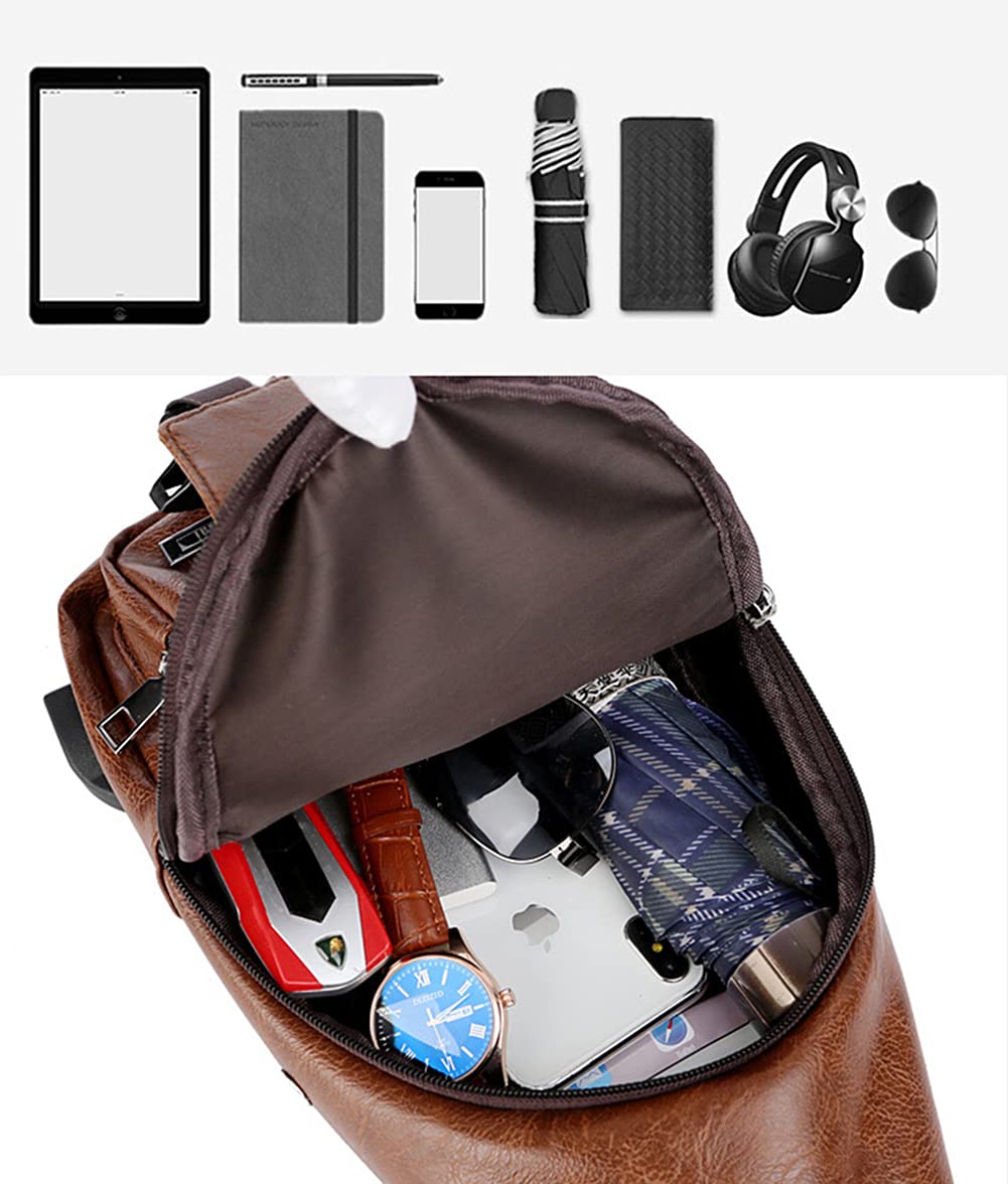 AOLIDA QICHUANG Men Sling Bag Leather Unbalance Chest Shoulder Bags Casual Crossbody Bag Gift for Men (brown)