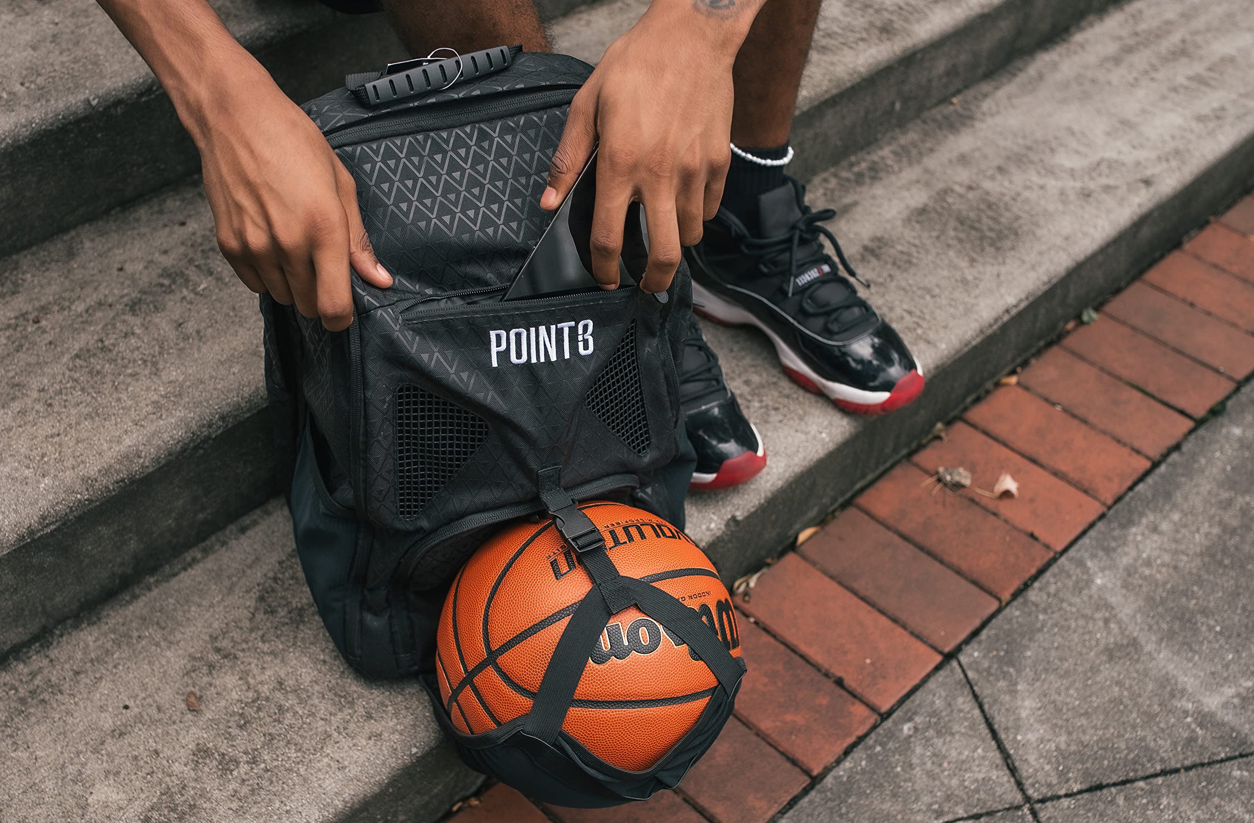 POINT3 New Road Trip Tech Backpack - Basketball Backpack with Waterproof Laptop Sleeve - Every Compartment You Need for Ball, Gear, Shoes, Books & Laptops (Black)