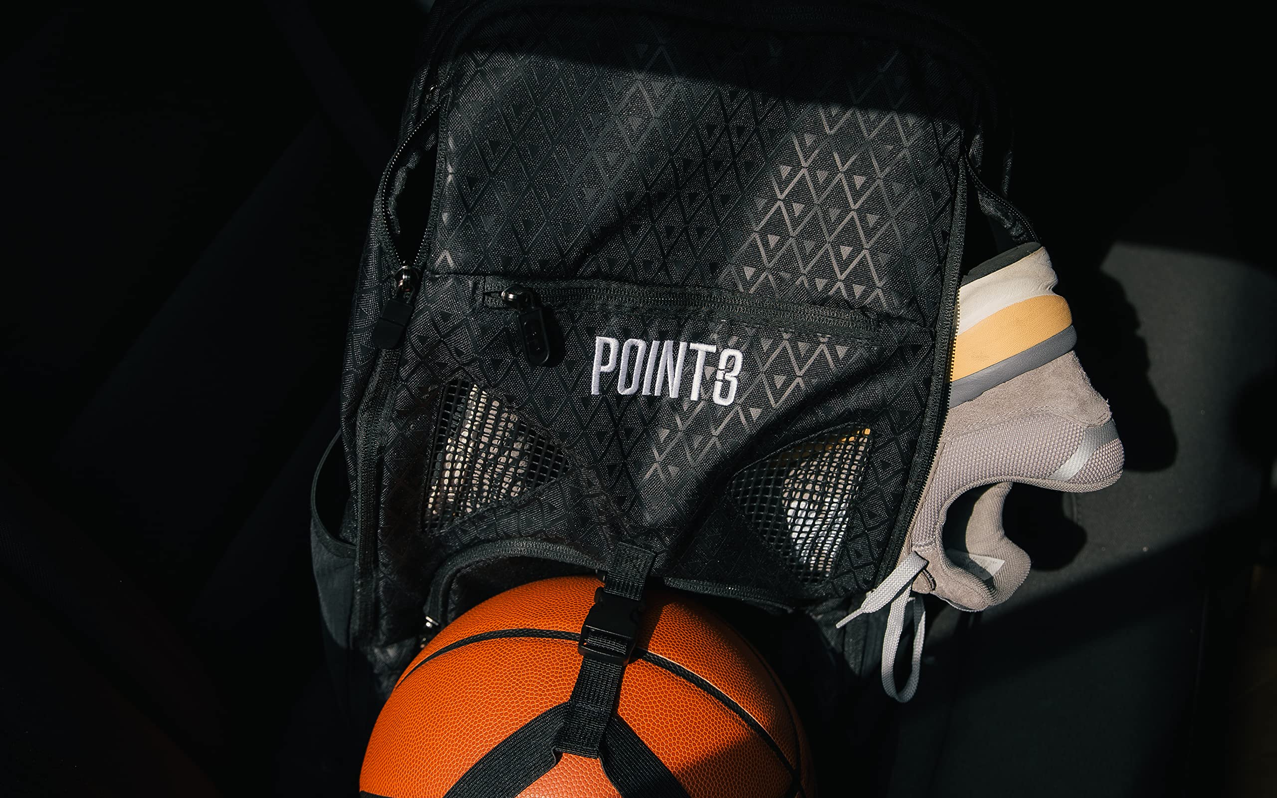 POINT3 New Road Trip Tech Backpack - Basketball Backpack with Waterproof Laptop Sleeve - Every Compartment You Need for Ball, Gear, Shoes, Books & Laptops (Black)