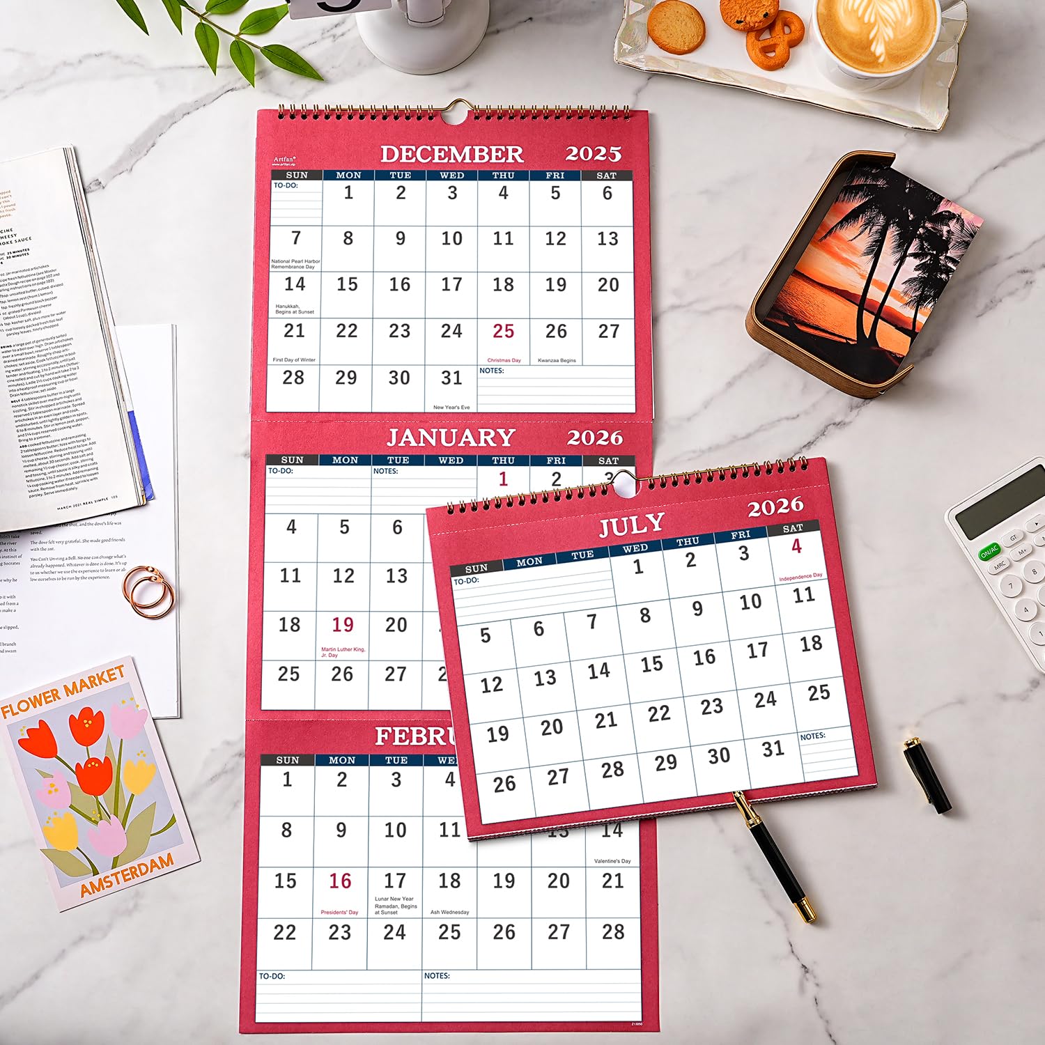 2023-2024 Calendar - 18 Monthly Calendar with Thick Paper, 14.6" x 11.5", Jan. 2023 - Jun. 2024, Twin-Wire Binding + Hanging Hook + Unruled Blocks with Julian Date, Horizontal - Pink
