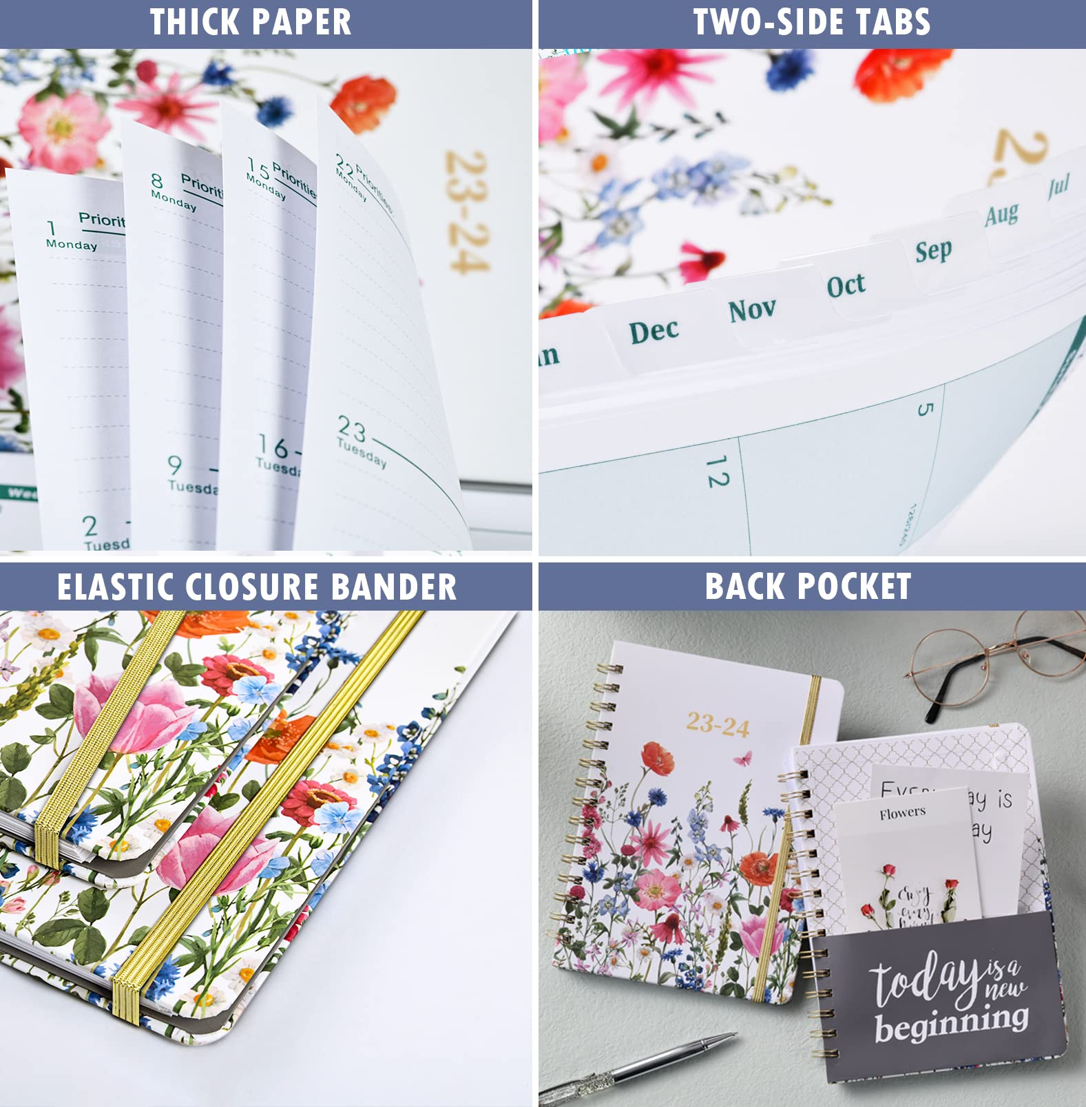 Planner 2023-2024 - Academic Planner 2023-2024, Jul.2023 - Jun.2024, 2023-2024 Planner, 2023-2024 Planner Weekly & Monthly with Tabs, 6.4" x 8.5", Hardcover + Back Pocket + Twin-Wire Binding, Daily Organizer - Flowers