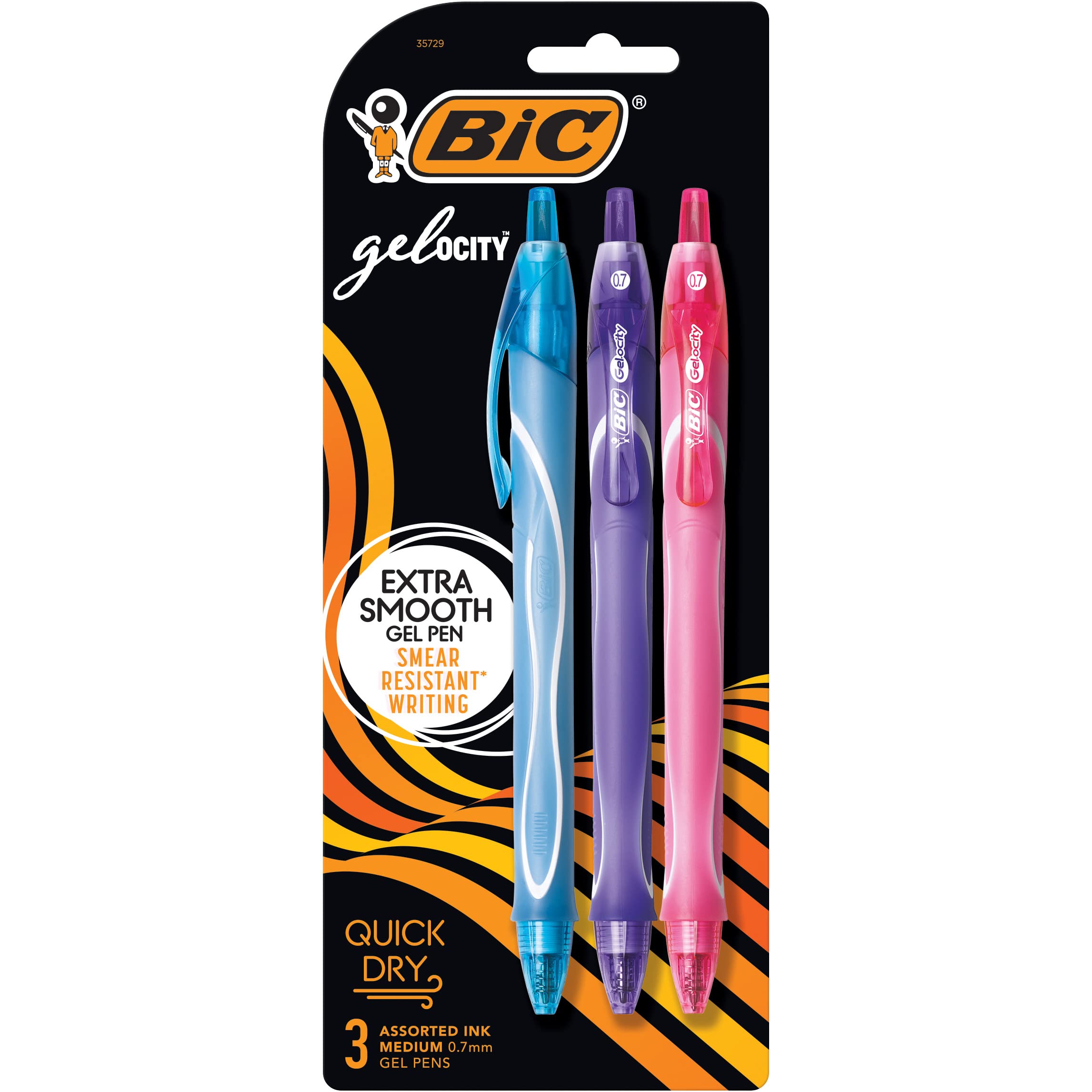 BIC Gel-Ocity Quick Dry Gel Pens, Medium Point Retractable Gel Pen (0.7mm), Assorted Colors, 3-Count
