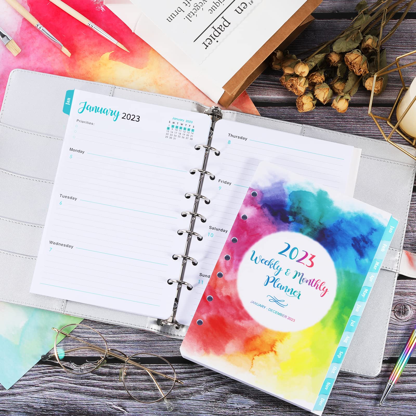 2023 Planner Refills - Planner Refills 2023, 2023 Weekly & Monthly Planner Refills, 2023 Planner Inserts, A5 Planner Refills, A5 Planner Inserts, 5-1/2" x 8-1/2", Jan.2023-Dec.2023, 7-Hole Punched - Watercolor Ink