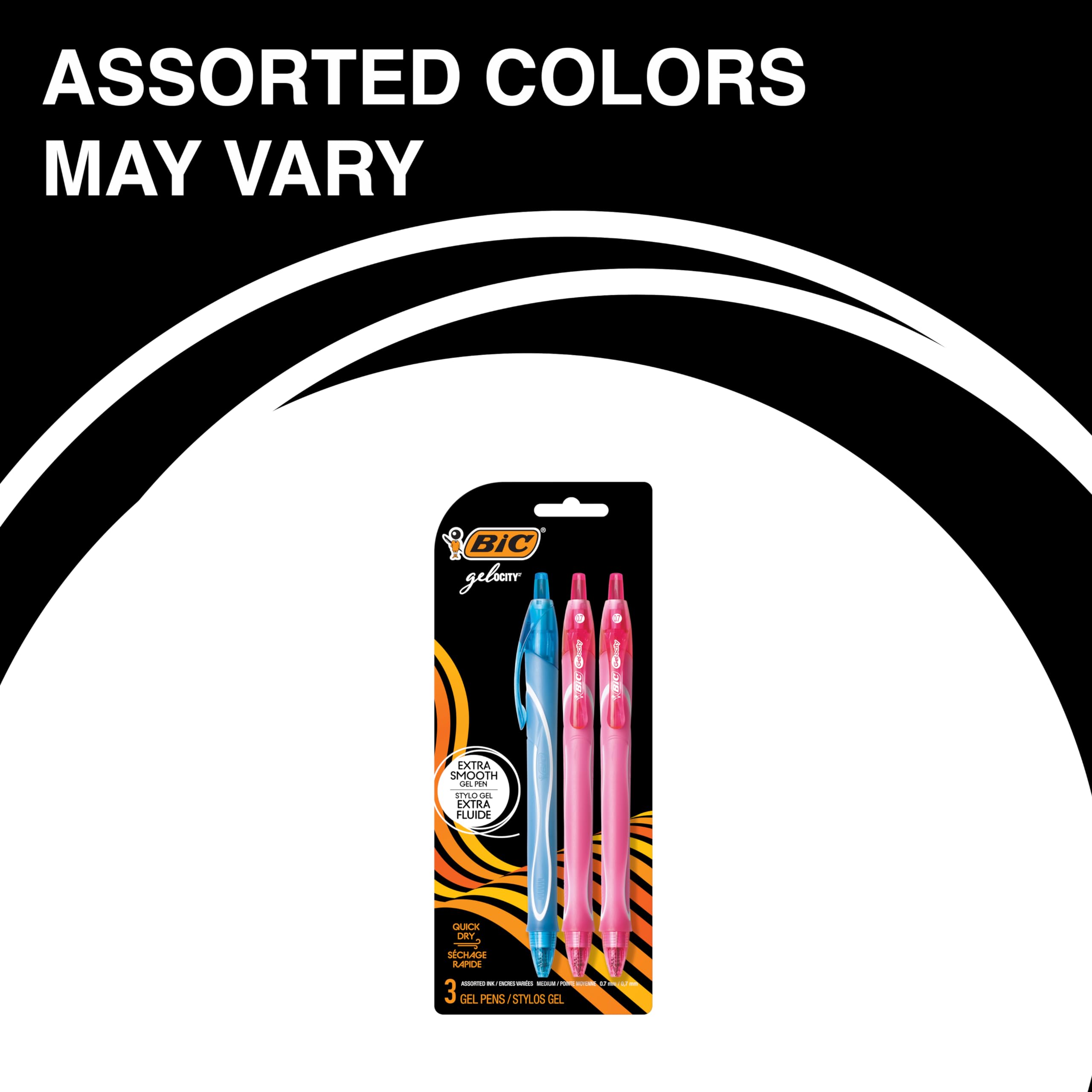 BIC Gel-Ocity Quick Dry Gel Pens, Medium Point Retractable Gel Pen (0.7mm), Assorted Colors, 3-Count