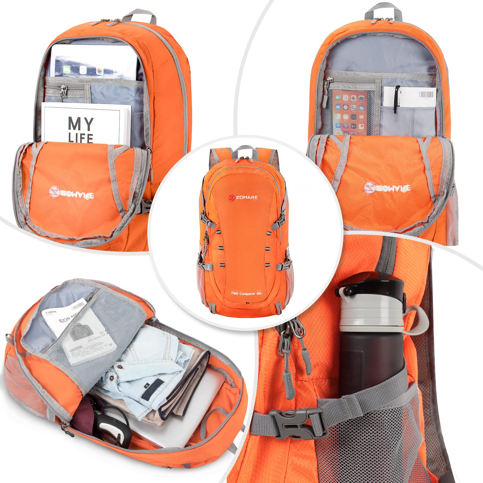 ZOMAKE Packable Hiking Backpack Water Resistant,40L Lightweight Daypack Foldable Backpack for Travel (Orange)