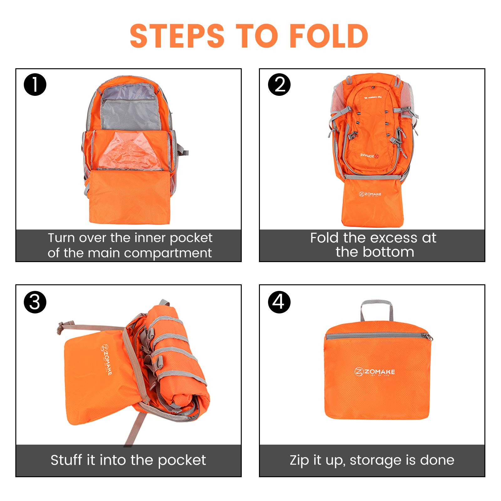 ZOMAKE Packable Hiking Backpack Water Resistant,40L Lightweight Daypack Foldable Backpack for Travel (Orange)