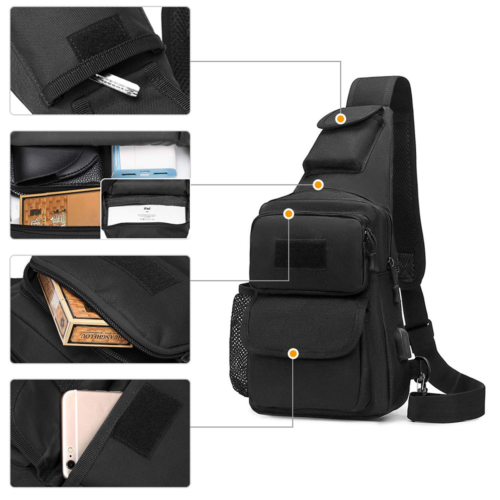 BAIGIO Tactical Sling Bag Crossbody Pack One Shoulder Backpack (Black)