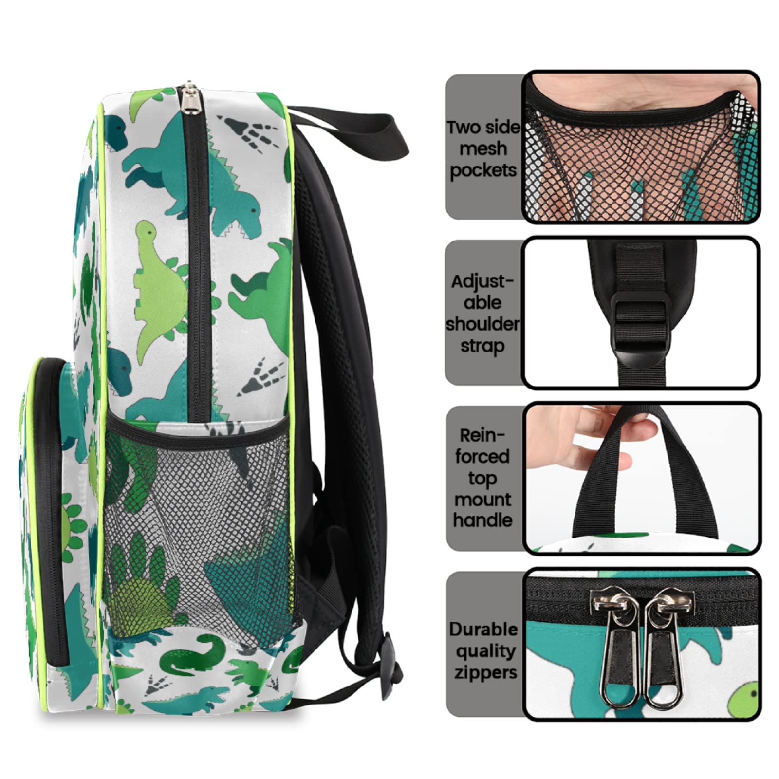 Dinosaur Backpack, Green Dinosaur Footprint Toddler Backpack for Boys 14.2 In, Waterproof Casual Daypack Preschool Backpack Kindergarten School Mini Bookbag with Chest Strap, Durable for Kids Student