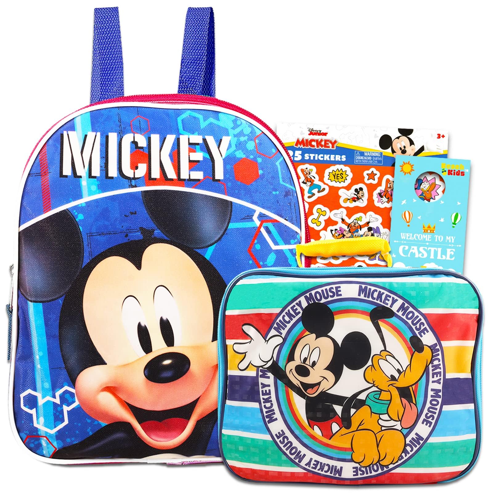 Fast Forward Mickey Mouse Mini Backpack with Lunch Box Set - Bundle with 11" Mickey Backpack, Mickey Mouse Lunch Bag, Water Bottle, Stickers, More | Mickey Backpack for Toddlers