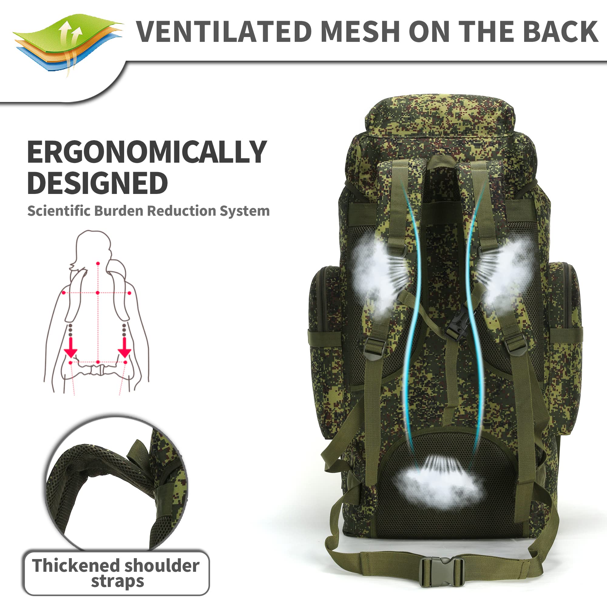 70L Hiking Backpack Military Tactical Camping Adjustable waterproof Climbing Sport Bags (Russian Camo)