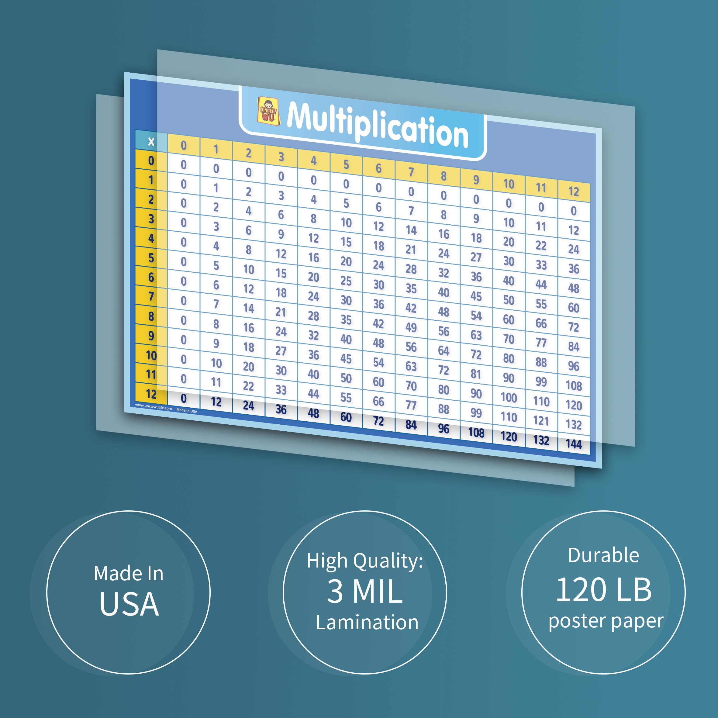 UNCLE WU Multiplication Chart Dry Erase Laminated Table Poster for Kids - Educational Times Table Math Chart -Homeclass School Supplies Wall Poster (18" x 24"inch)